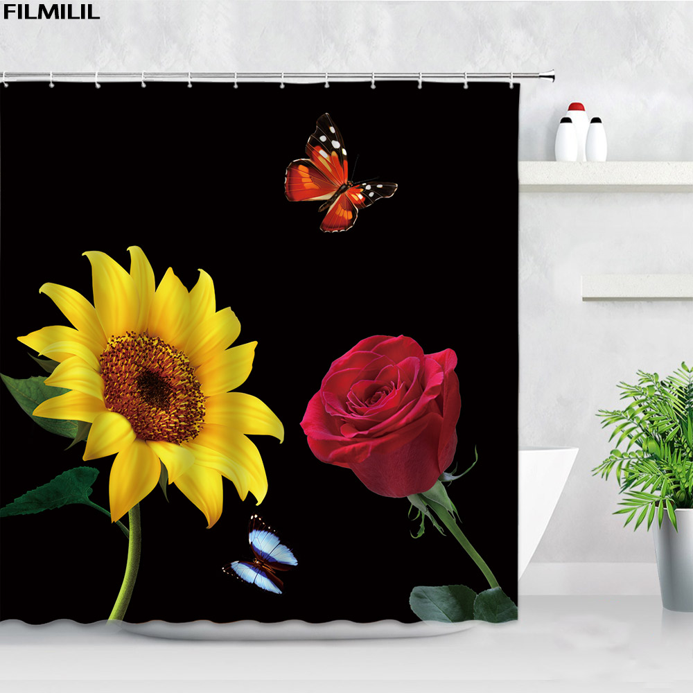 With Set Curtains Decor Bathroom Fabric Background Black Plant Floral ...