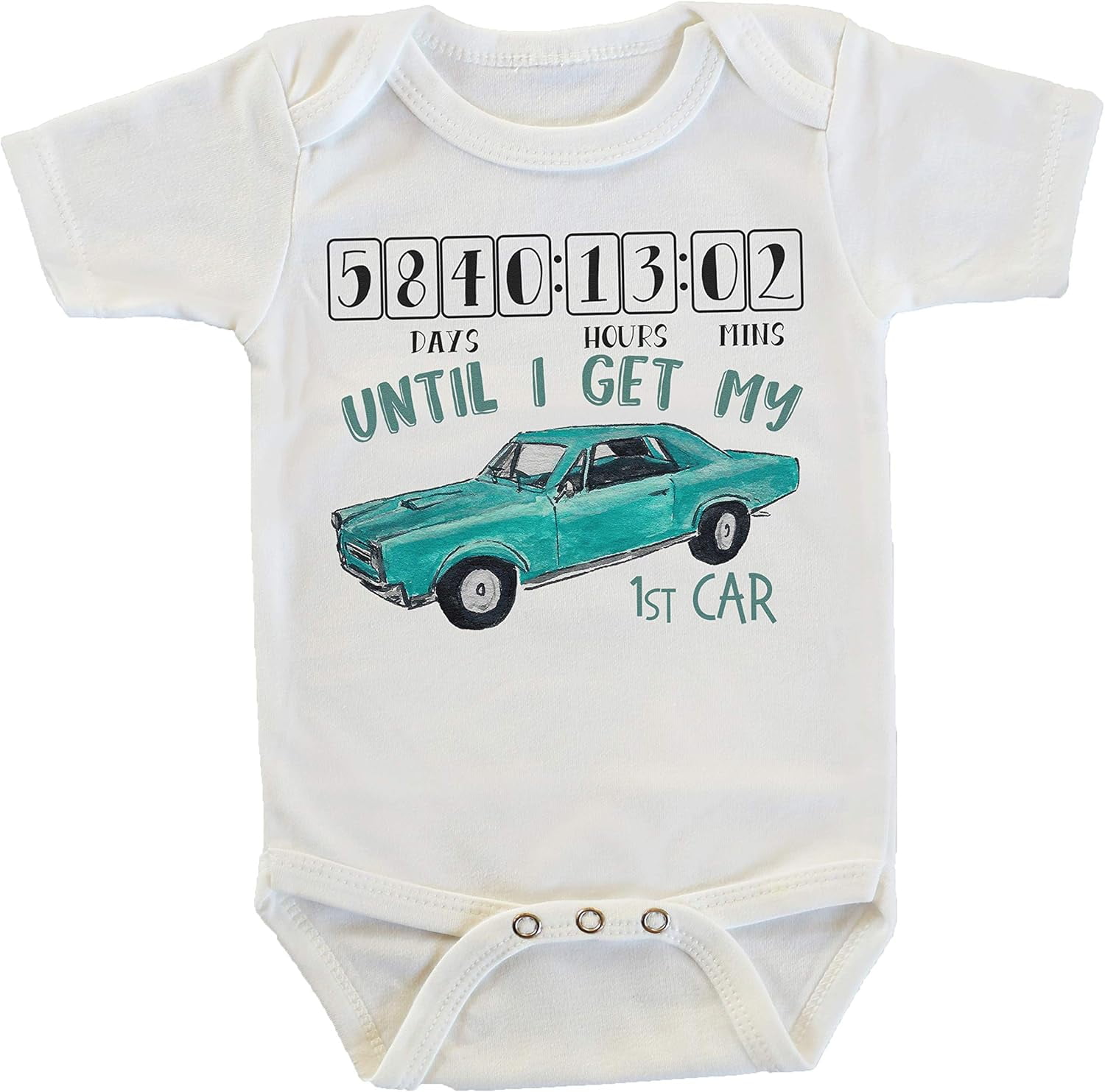 Witty and Bitty Countdown Until My First Car in Teal Classic Car Onesie ...
