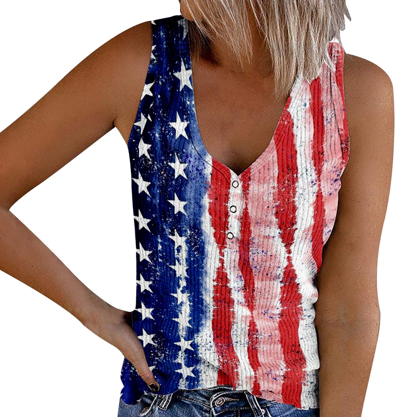 Wiueurtly Red, White And Blue V Neck Tank Tops for Women American Flag ...