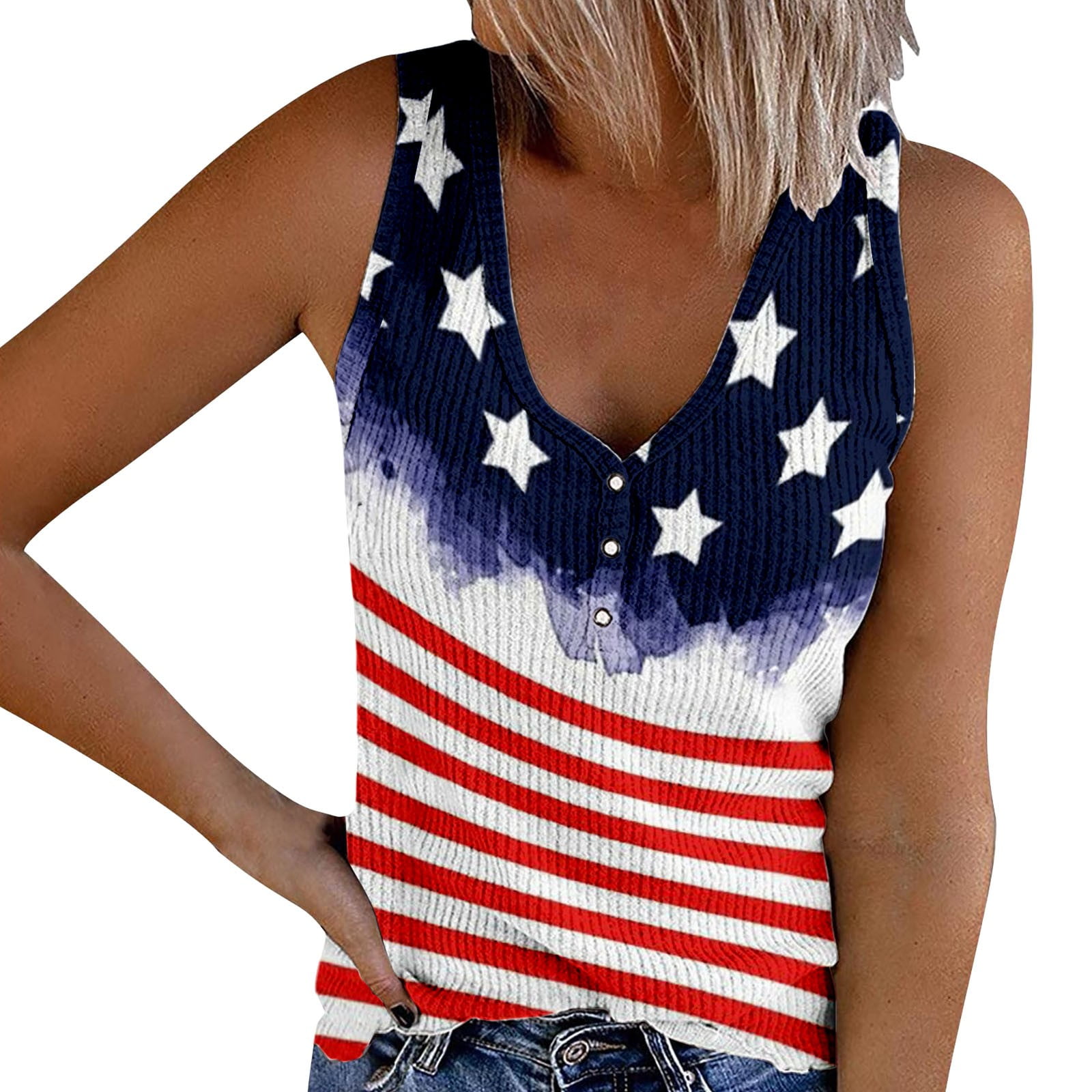 Wiueurtly Red, White And Blue V Neck Tank Tops for Women American Flag ...
