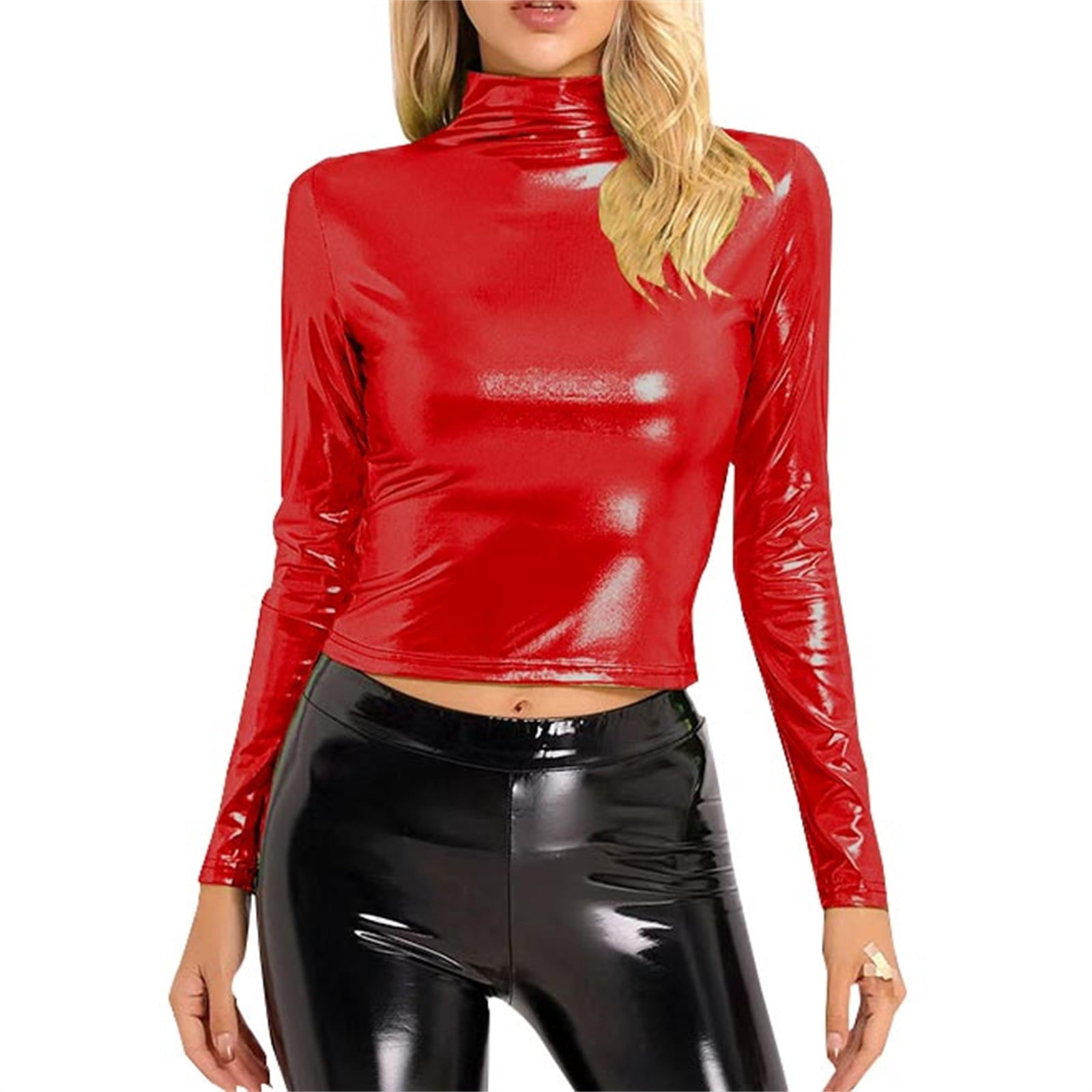 Wiueurtly Sequin Tops for Women Metallic Liquid Mock Neck Turtleneck ...