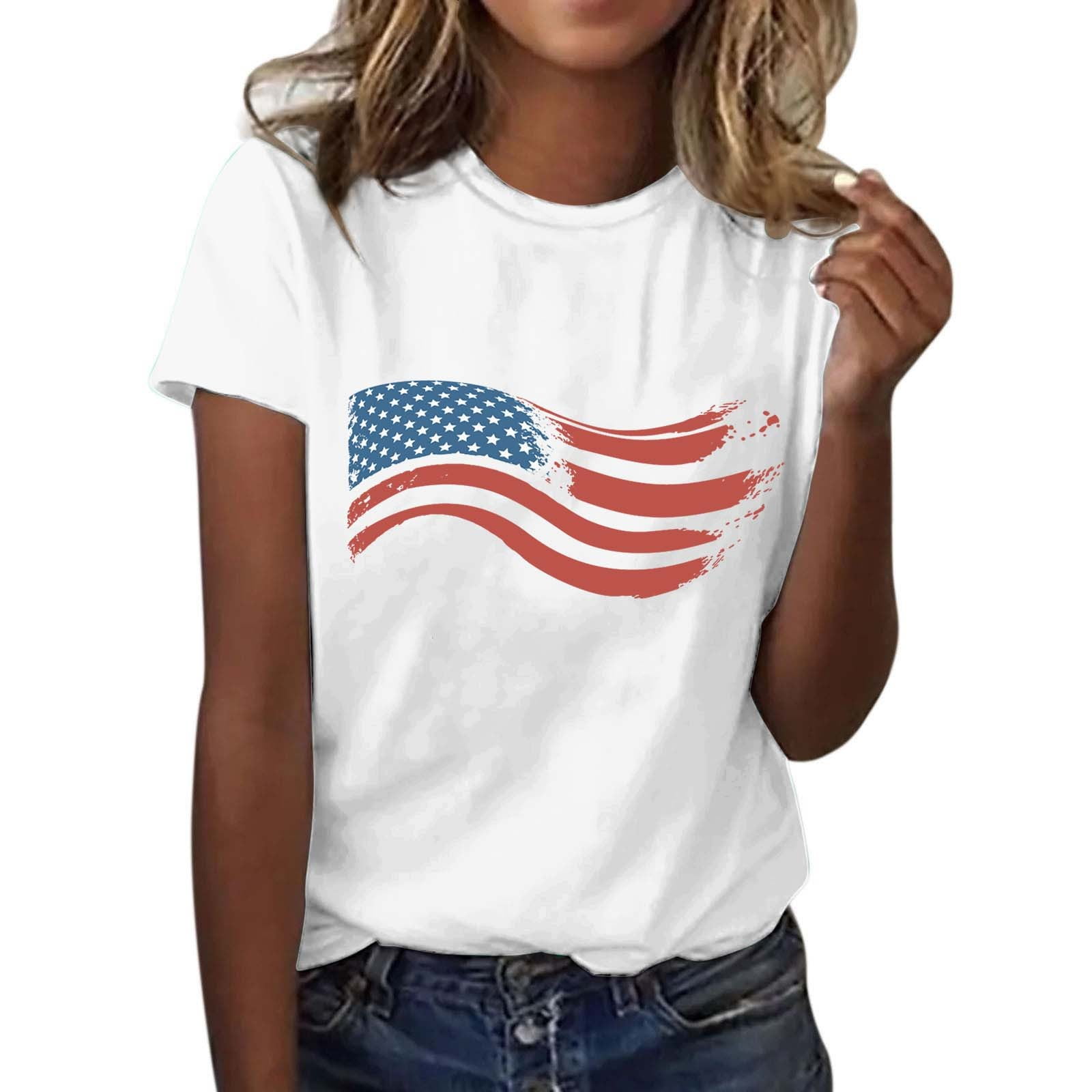 Wiueurtly USA Stars Stripes Short Sleeve Shirts for Women 2D ...