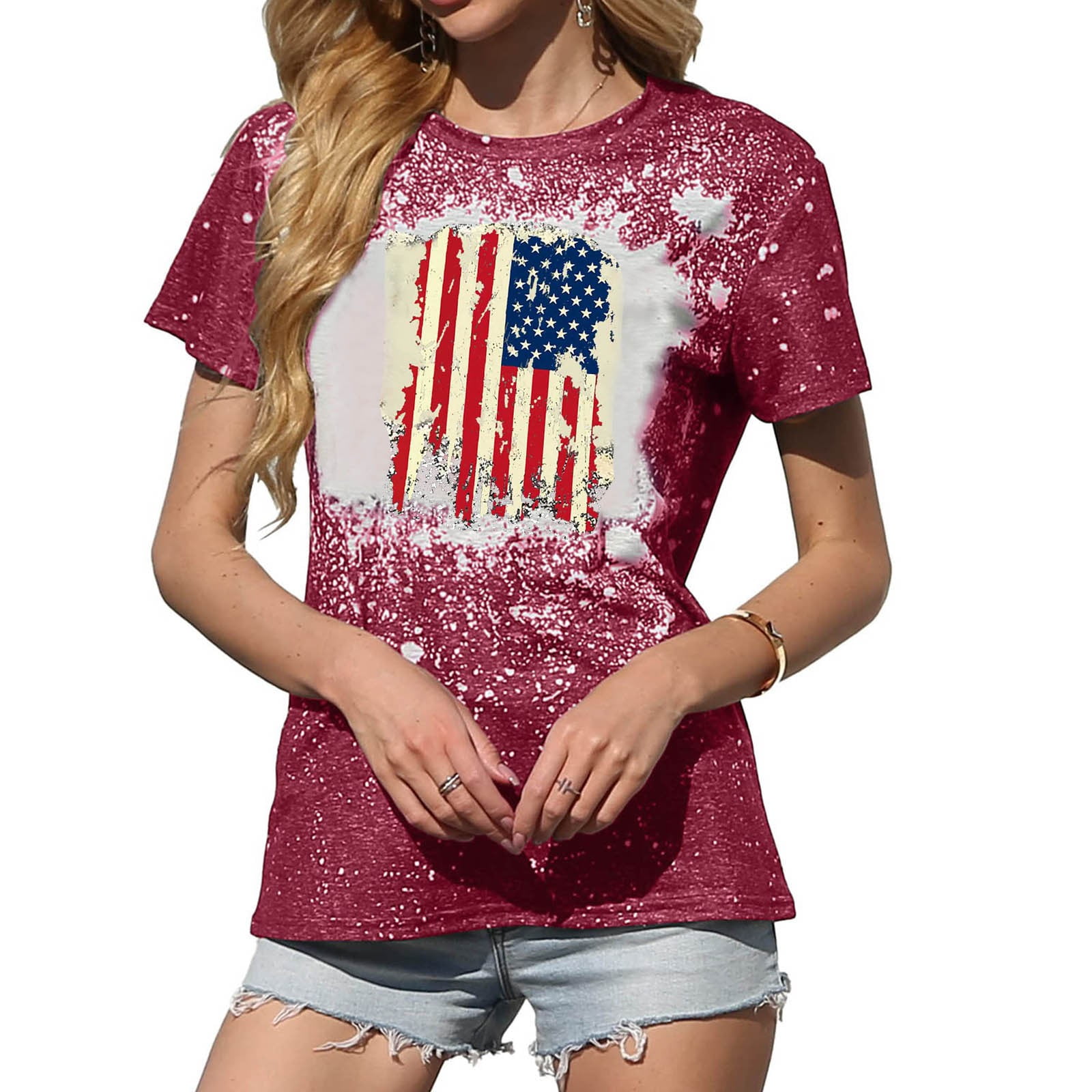 Wiyuqeen American Flag Shirts Women Crew Neck Vintage Patriotic Shirts