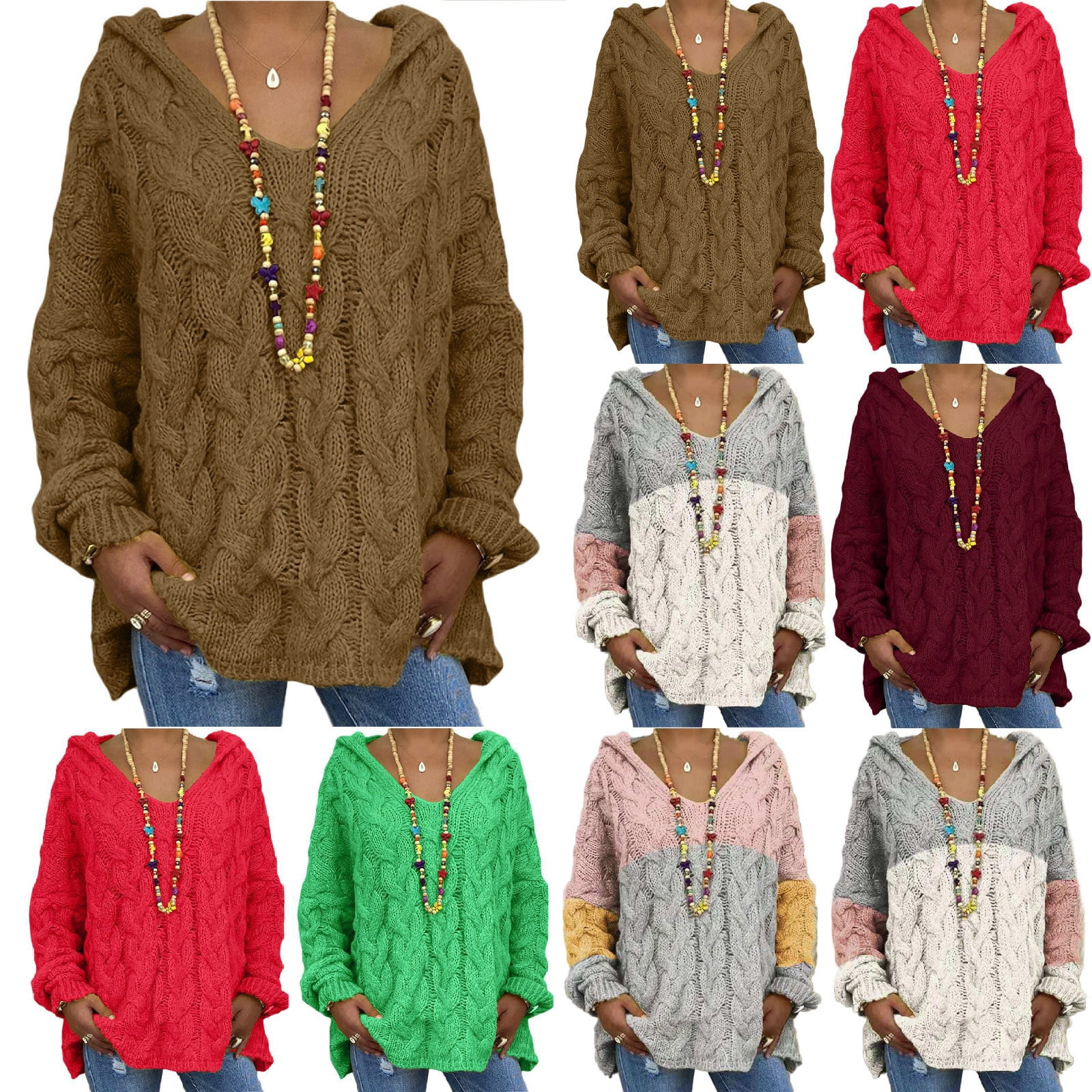 Wiyuqeen Chunky Sweaters for Women with Hood V Neck Oversized Cable ...