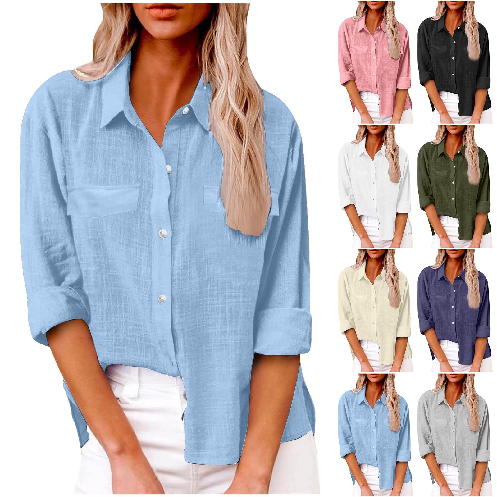 Wiyuqeen Cotton Linen Button Down Shirts Womens with Pokcet Rolled Cuff Sleeve Collar Tshirts ...
