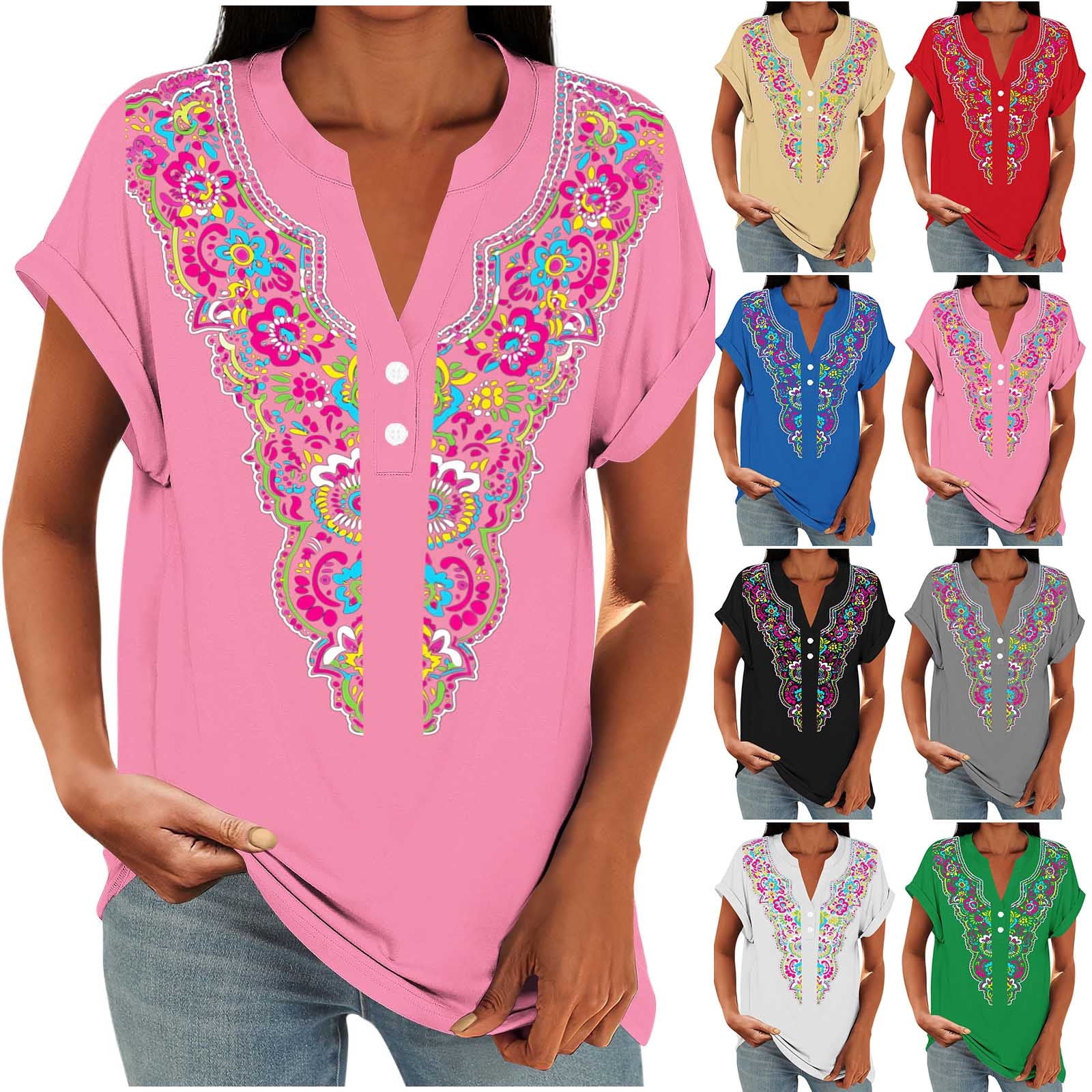 Wiyuqeen Ethnic Print Tops for Women Short Sleeve Henley Shirts V Neck ...