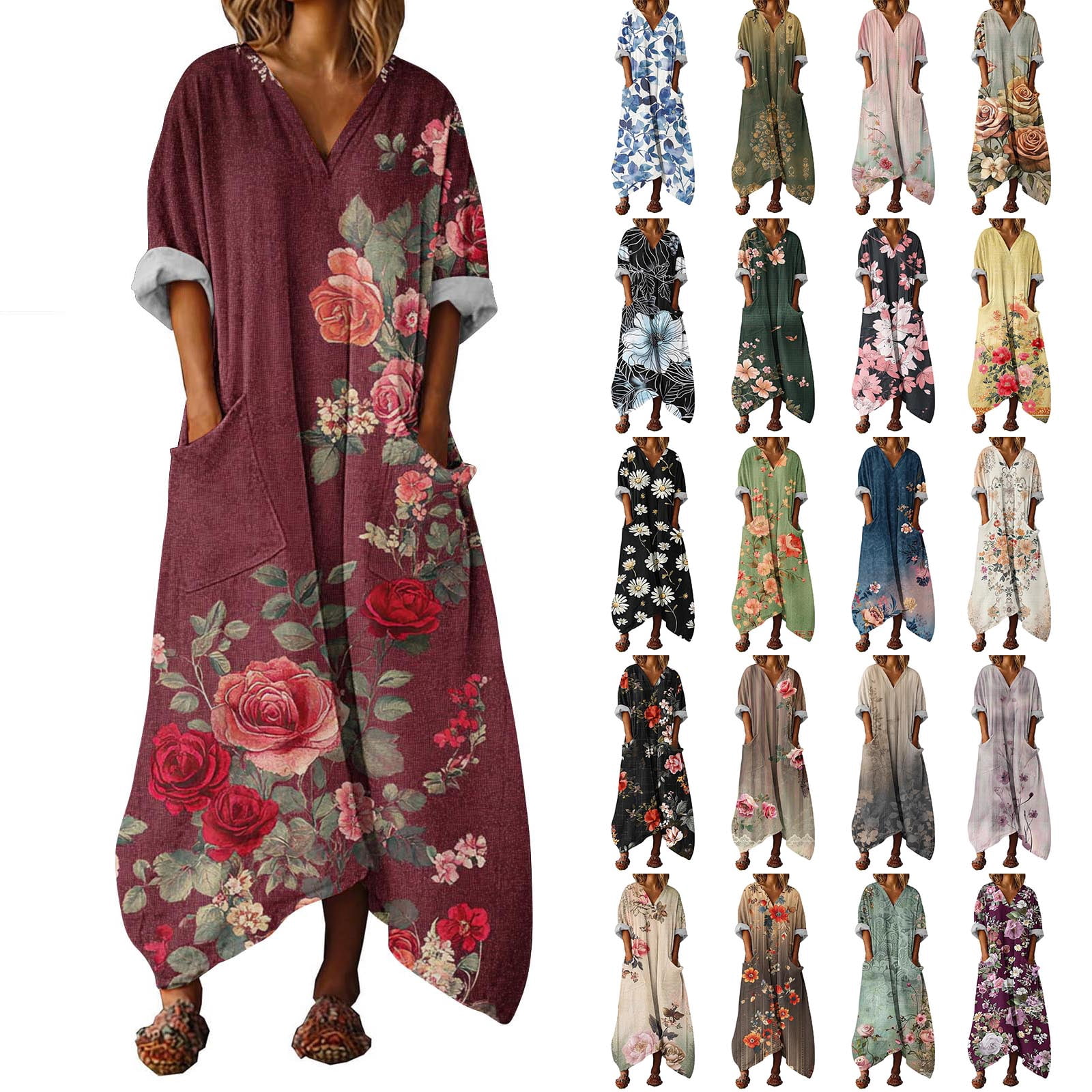 Wiyuqeen Floral Casual Maxi Dress Women's Loose V Neck Long Dress with ...