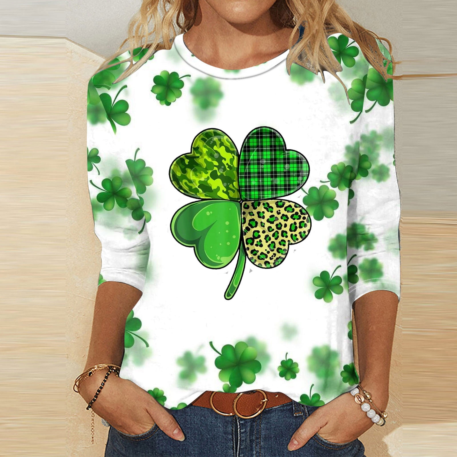 Wiyuqeen Happy St Patricks Day Shirts Women 2024 Plus Size Four Leaf