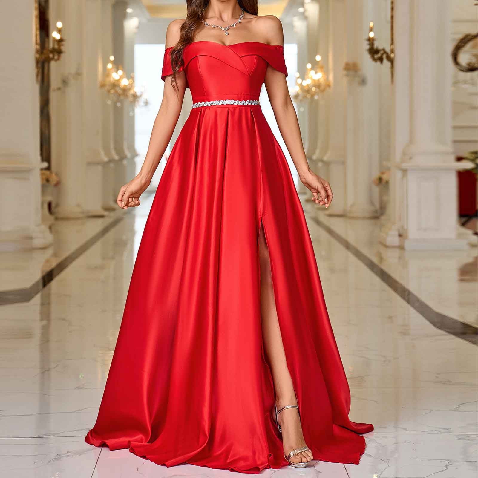 Wiyuqeen Off Shoulder Long Slit Prom Dresses Womens Plian A-Line Satin ...