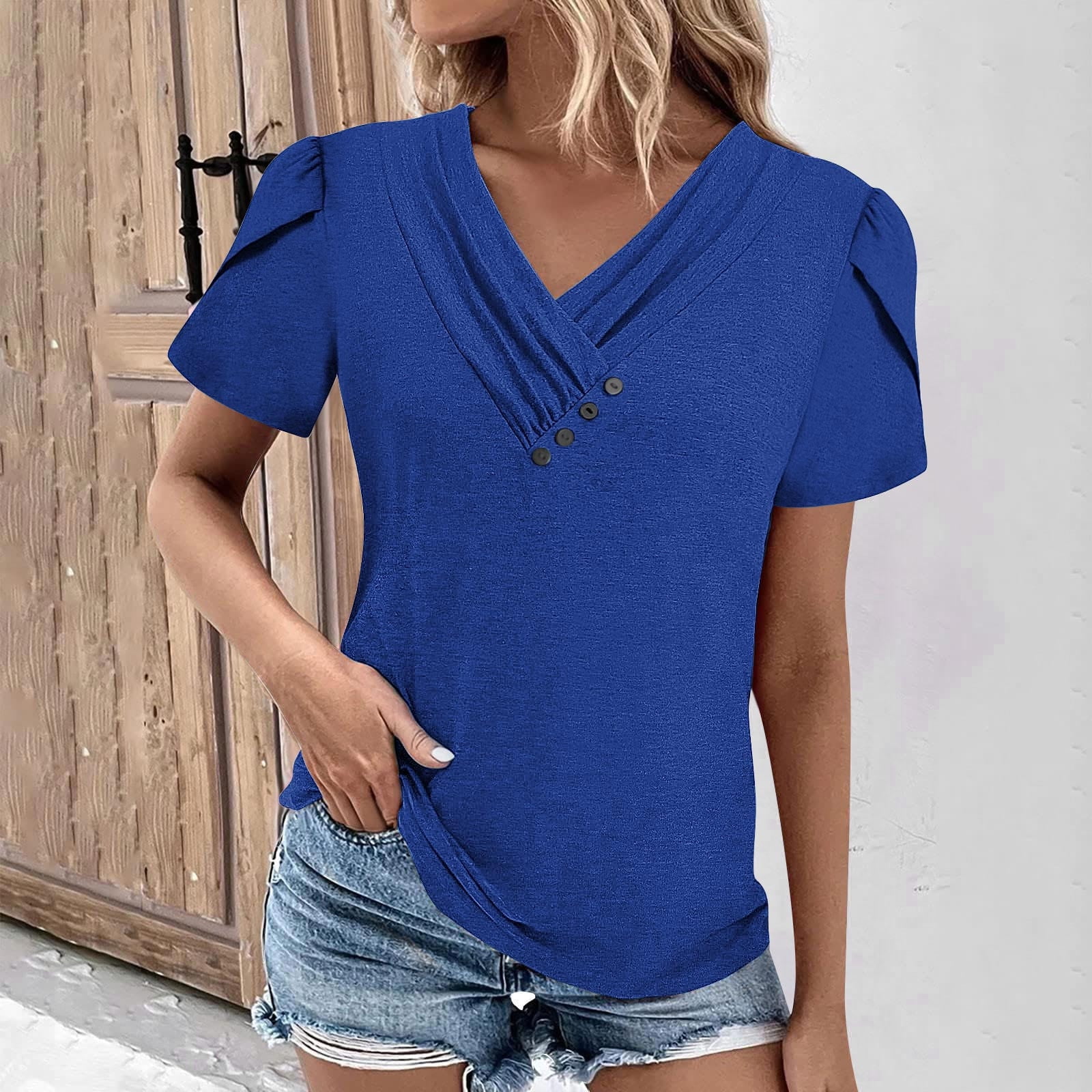 Wiyuqeen Petal Short Sleeve Tops for Women Summer Soft Trendy Pleated V ...