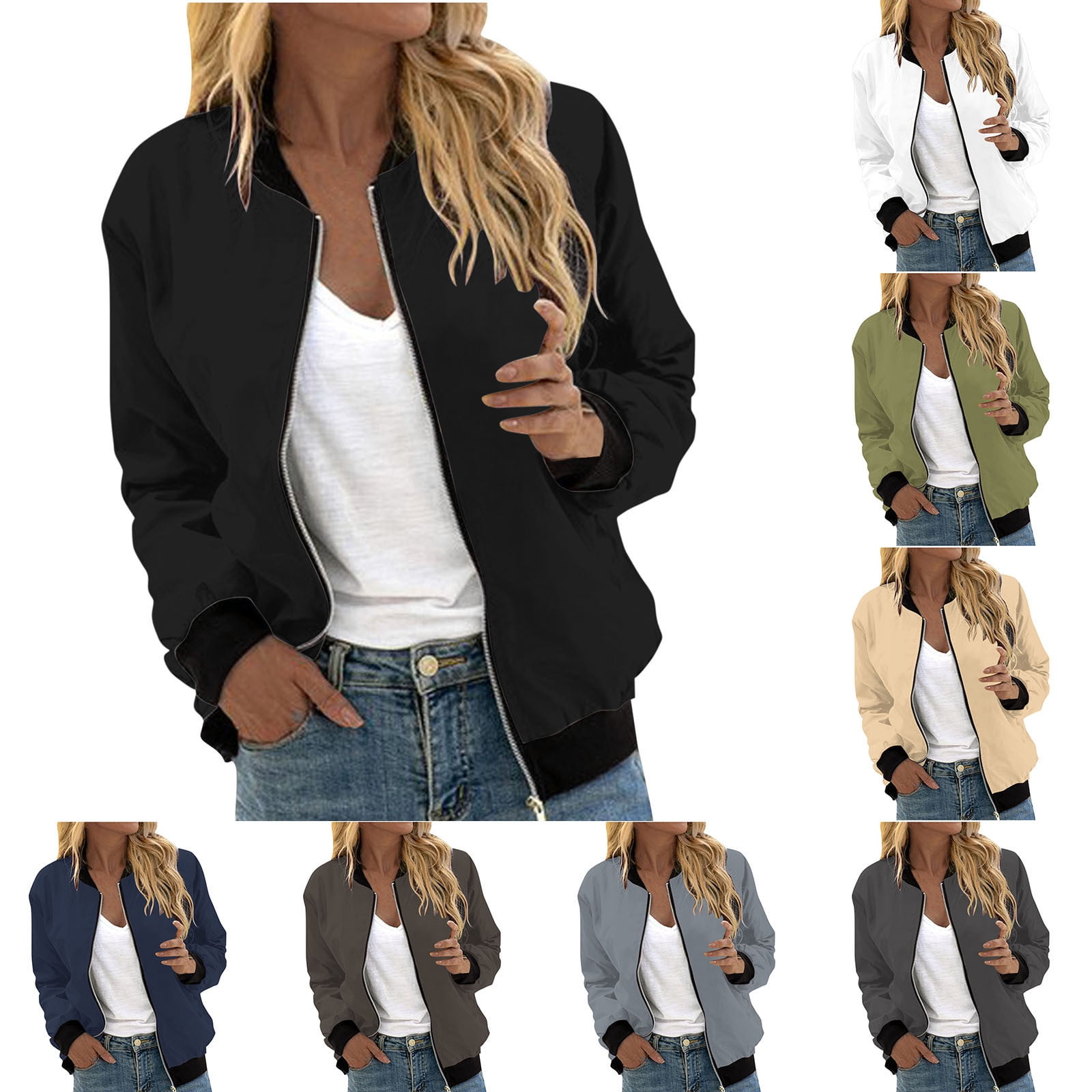 Wiyuqeen Plus Size Zip Up Jacket for Women Solid Long Sleeve Bomber ...