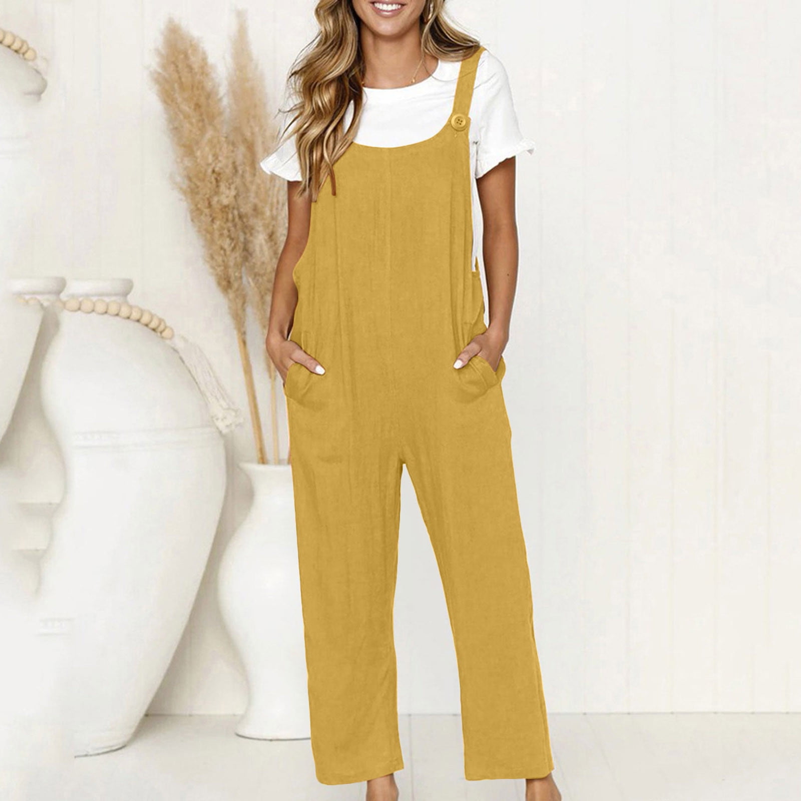 Wiyuqeen Plus Sized Solid Color Cotton Linen Overalls for Women Button ...