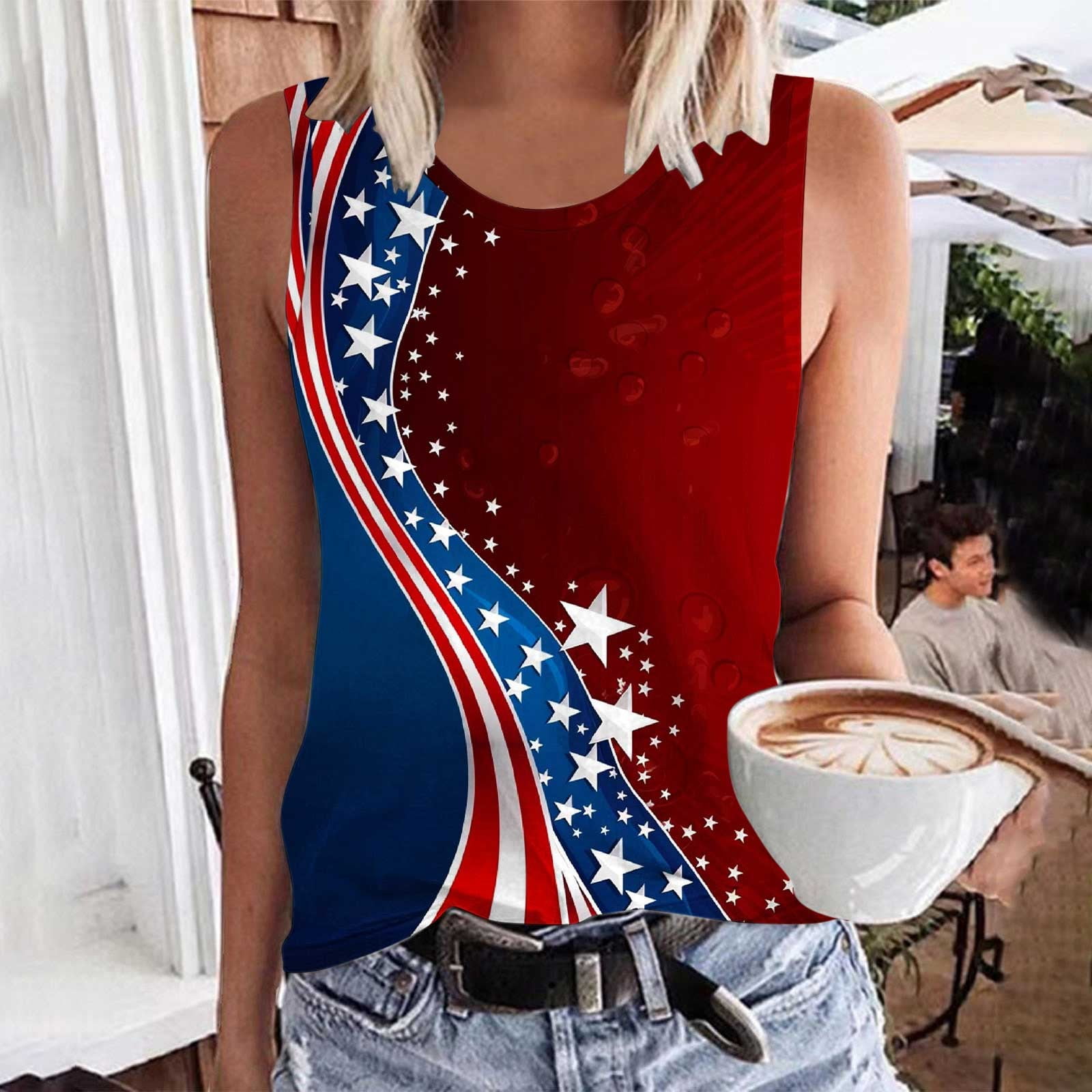 Wiyuqeen Red White Blue Tanks for Women Sleeveless Crew Neck 4th of ...