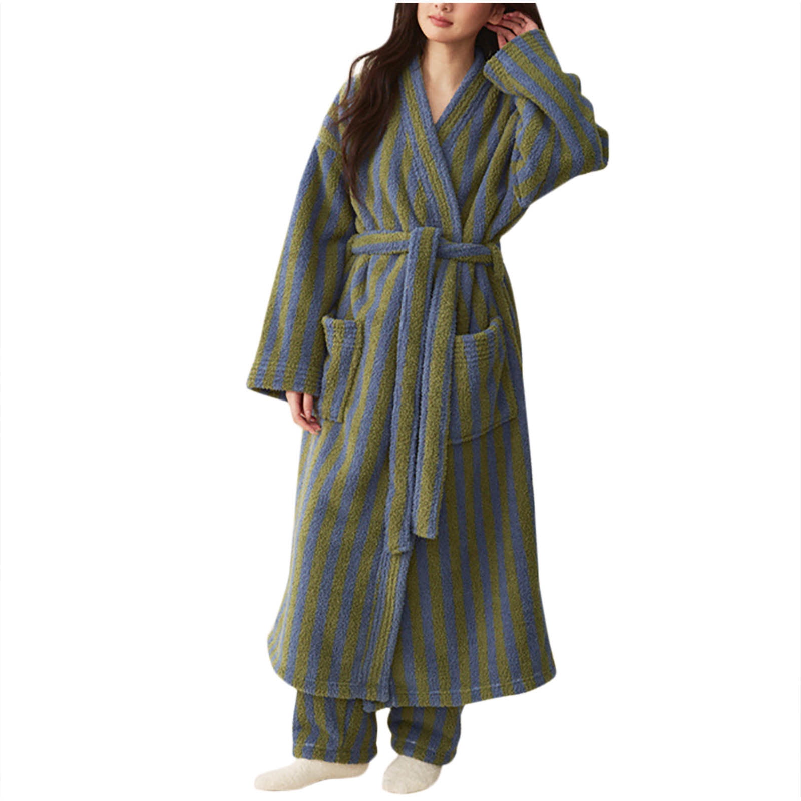 Wiyuqeen Women Long Plush Robe Classic Strip Print Long Robes Pockets ...