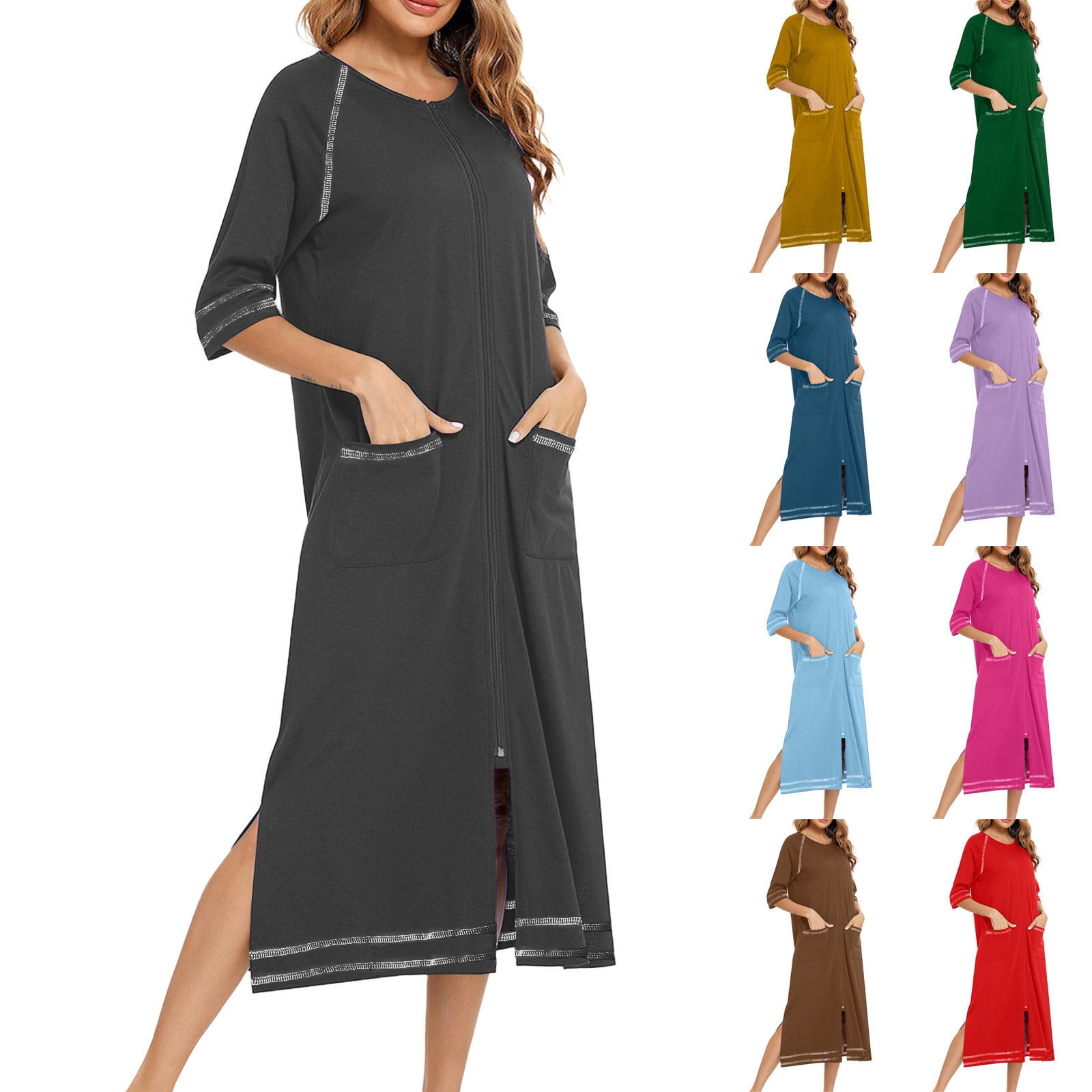 Wiyuqeen Women's Long House Dress Zipper Loungewear 3/4 Sleeve Zip Up ...