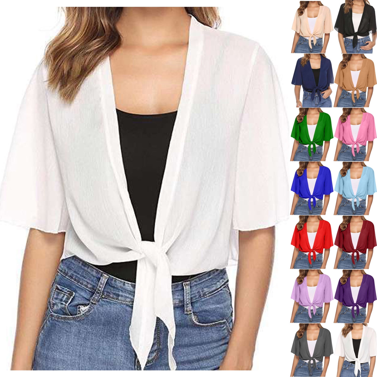 Wiyuqeen Women's Tie Front Shrug Cropped Tops Casual 3/4 Sleeve Chiffon ...