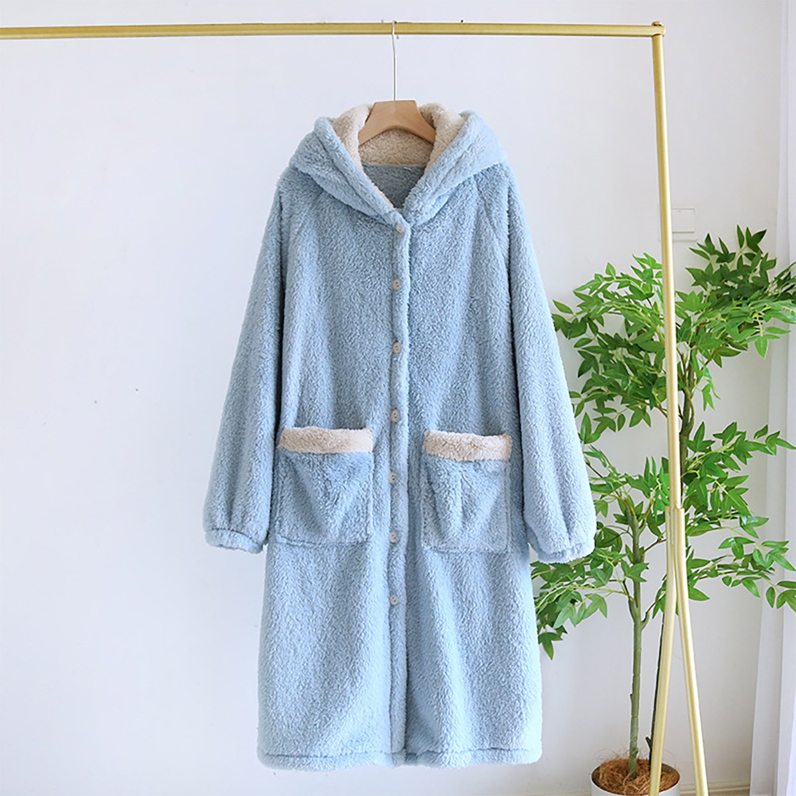 Wiyuqeen Womens Button Down Bathrobe with Hood Warm Long Length Robe ...