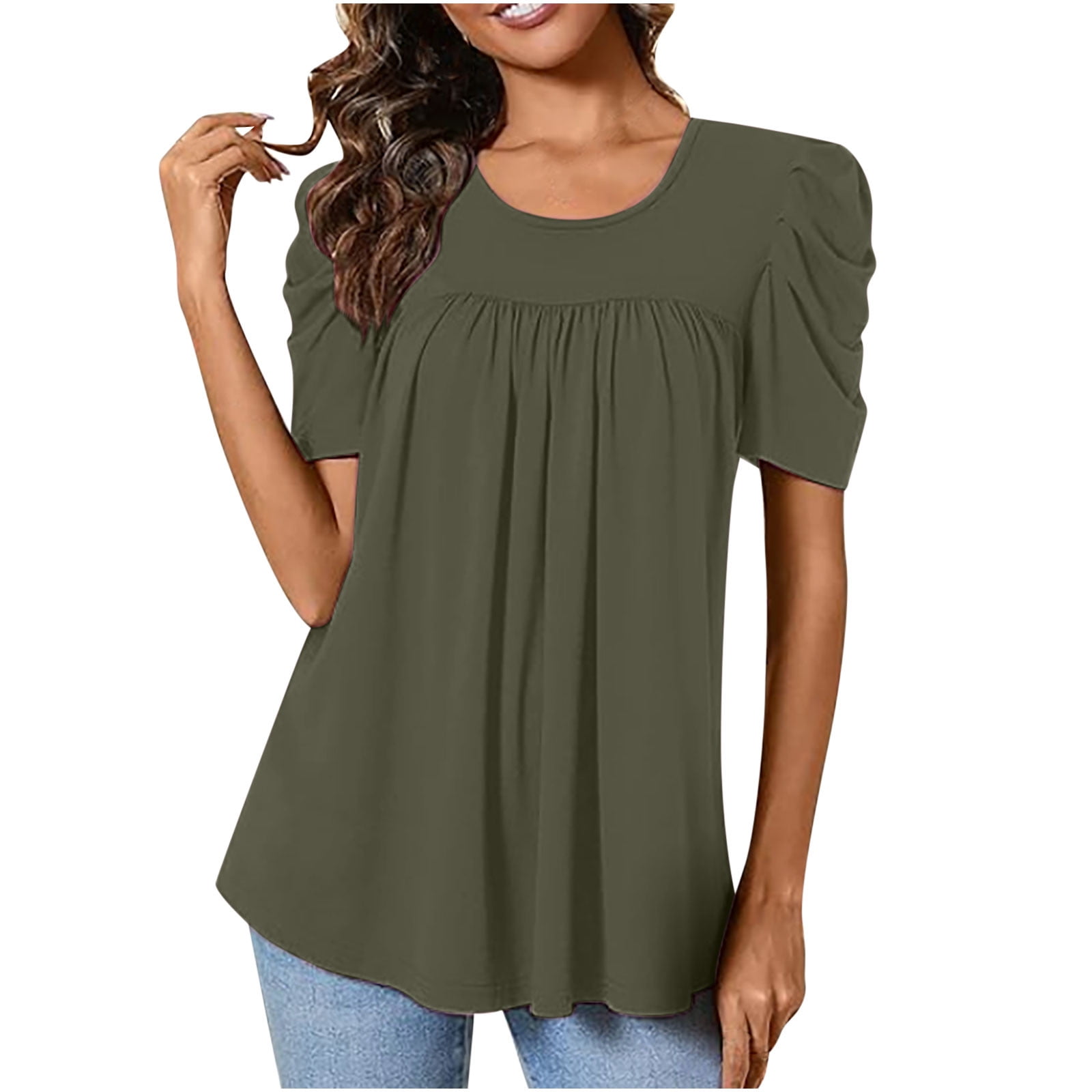 Wiyuqeen Womens Chest Pleated Tunic Tops Summer Short Puff Sleeve T ...
