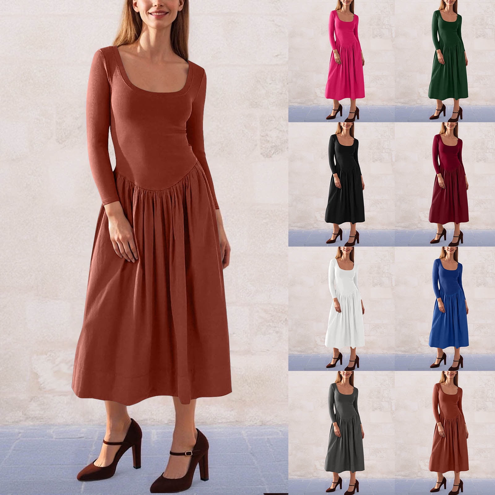 Wiyuqeen Womens Long Sleeve Fall Maxi Dress Square Neck Casual A-Line Midi Dress Solid Slim ...