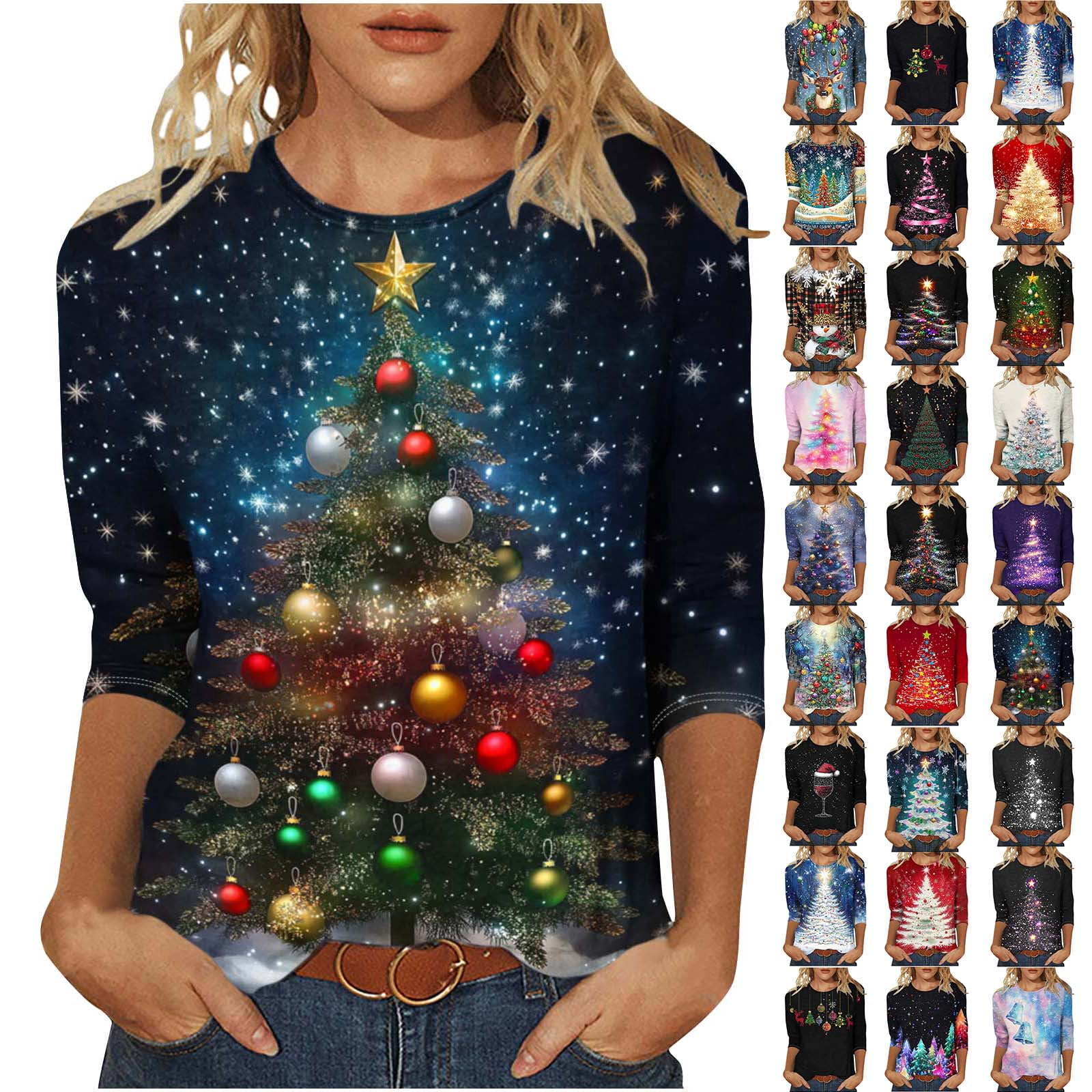 Wiyuqeen Womens Merry Christmas Tree Crewneck Shirt Funny Xmas Tree ...