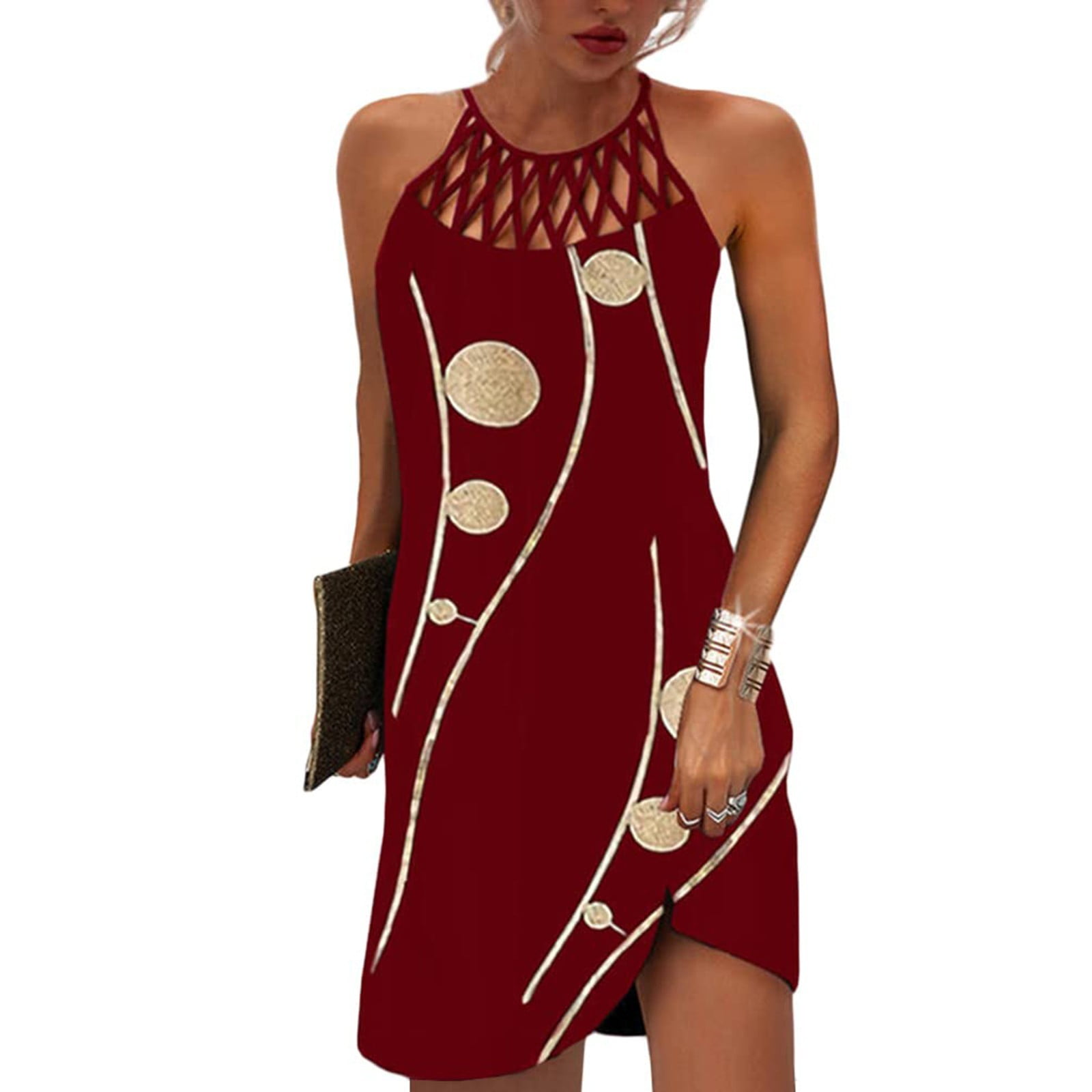 Wiyuqeen Womens Plus Sized Halter Neck Sundresses Printed Short Dresses