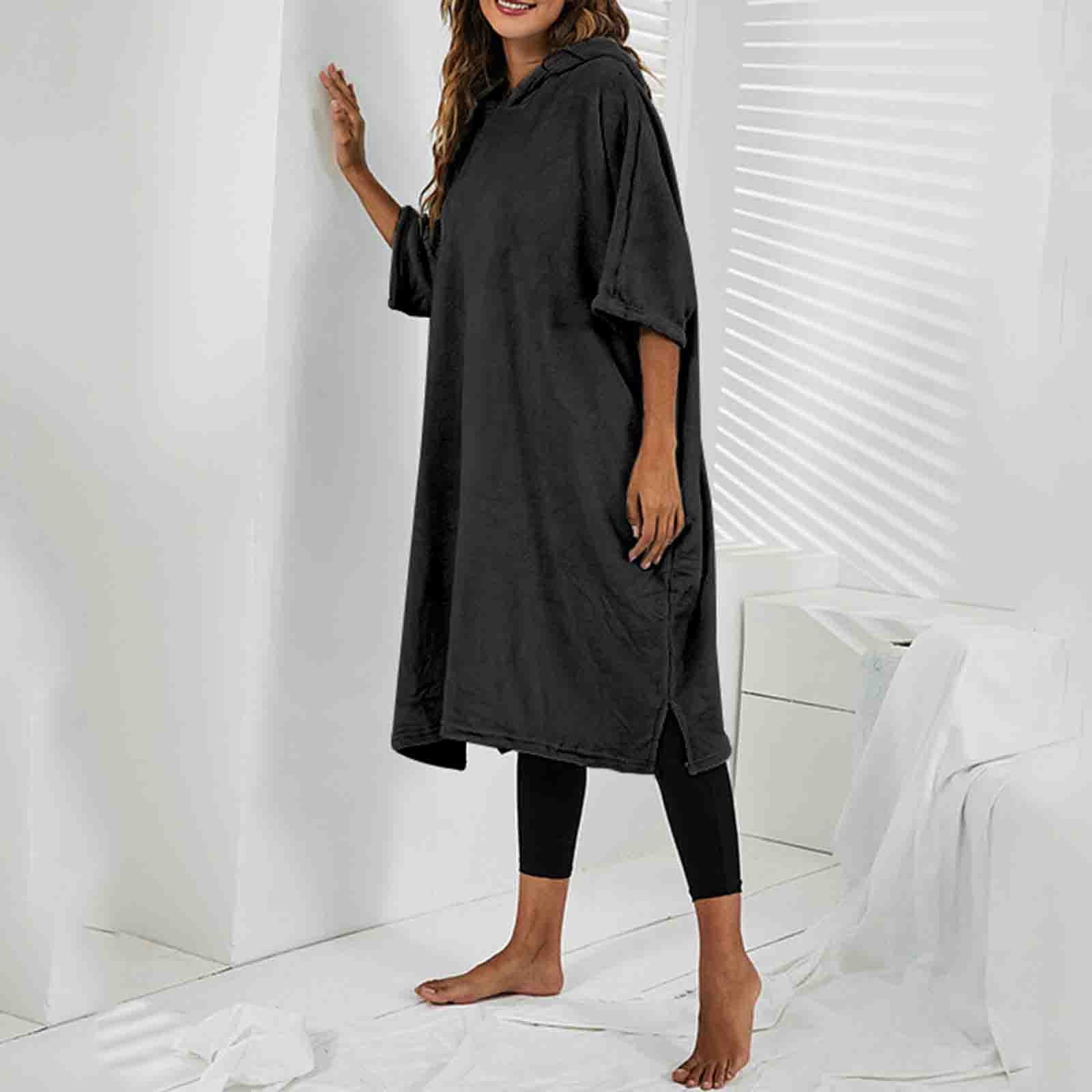Wiyuqeen Womens Pullover Robe Solid Hooded Bathrobe Ladies 3/4 Sleeve ...