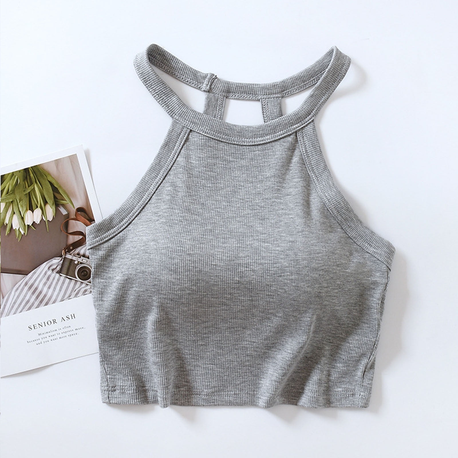 Wiyuqeen Womens Ribbed Knit Halter Tank Tops Classic High Crew Neck ...