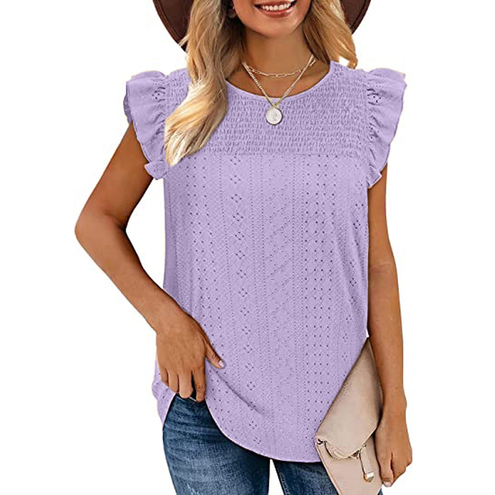 Wiyuqeen Womens Summer Trendy Tank Tops Eyelet Smocked Crewneck Sleeveless Ruffle Shirts Blouses ...