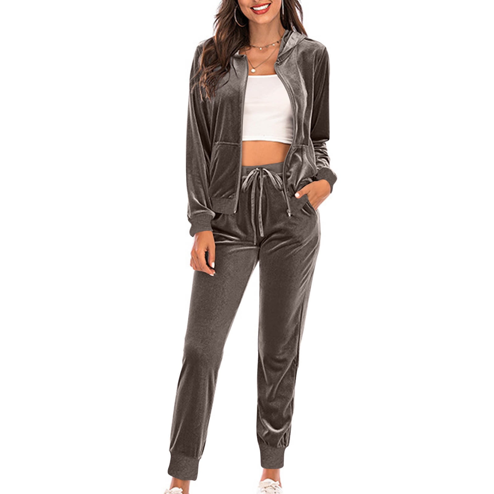 Wiyuqeen Womens Velour Tracksuits Casual Full Zipper Hoodie Workout ...