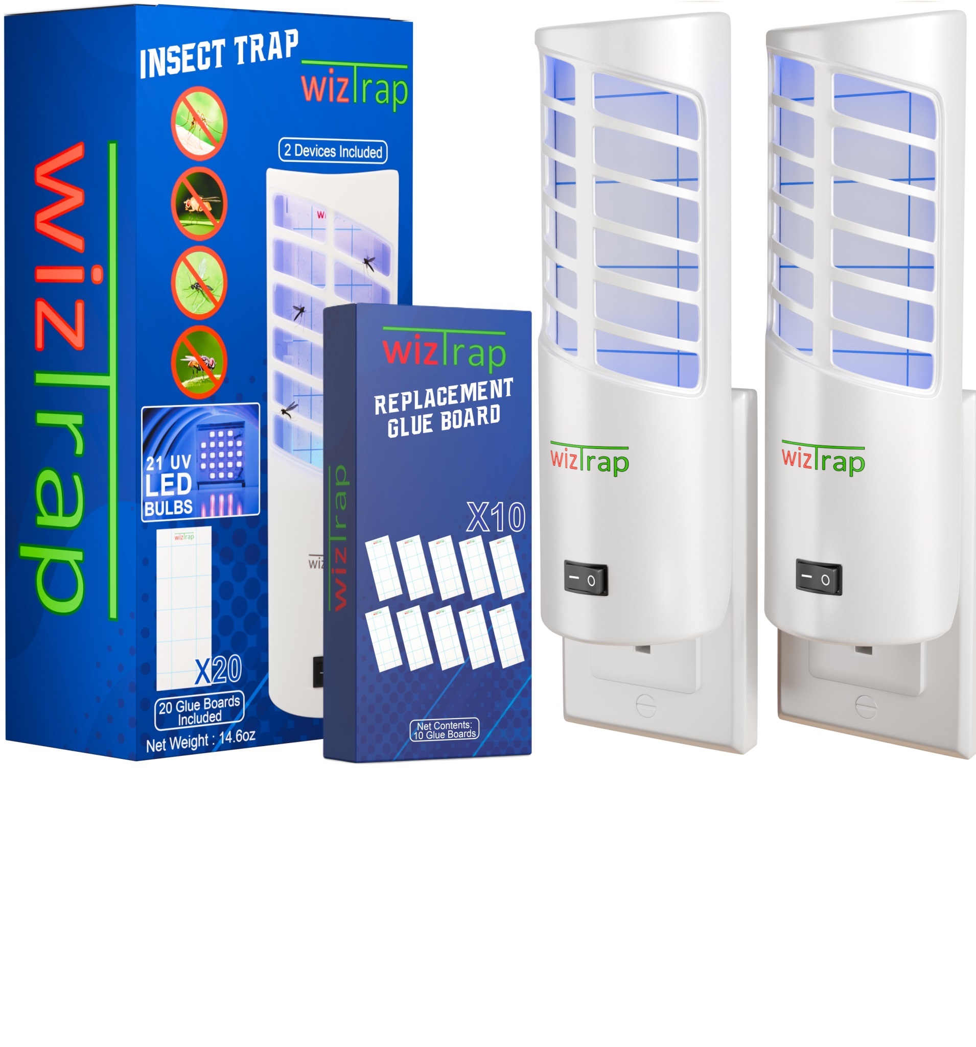 WizTrap 2-Pack Large Plug in Fly Trap, 21 UV LED Bulbs, 10 Sticky Glue ...