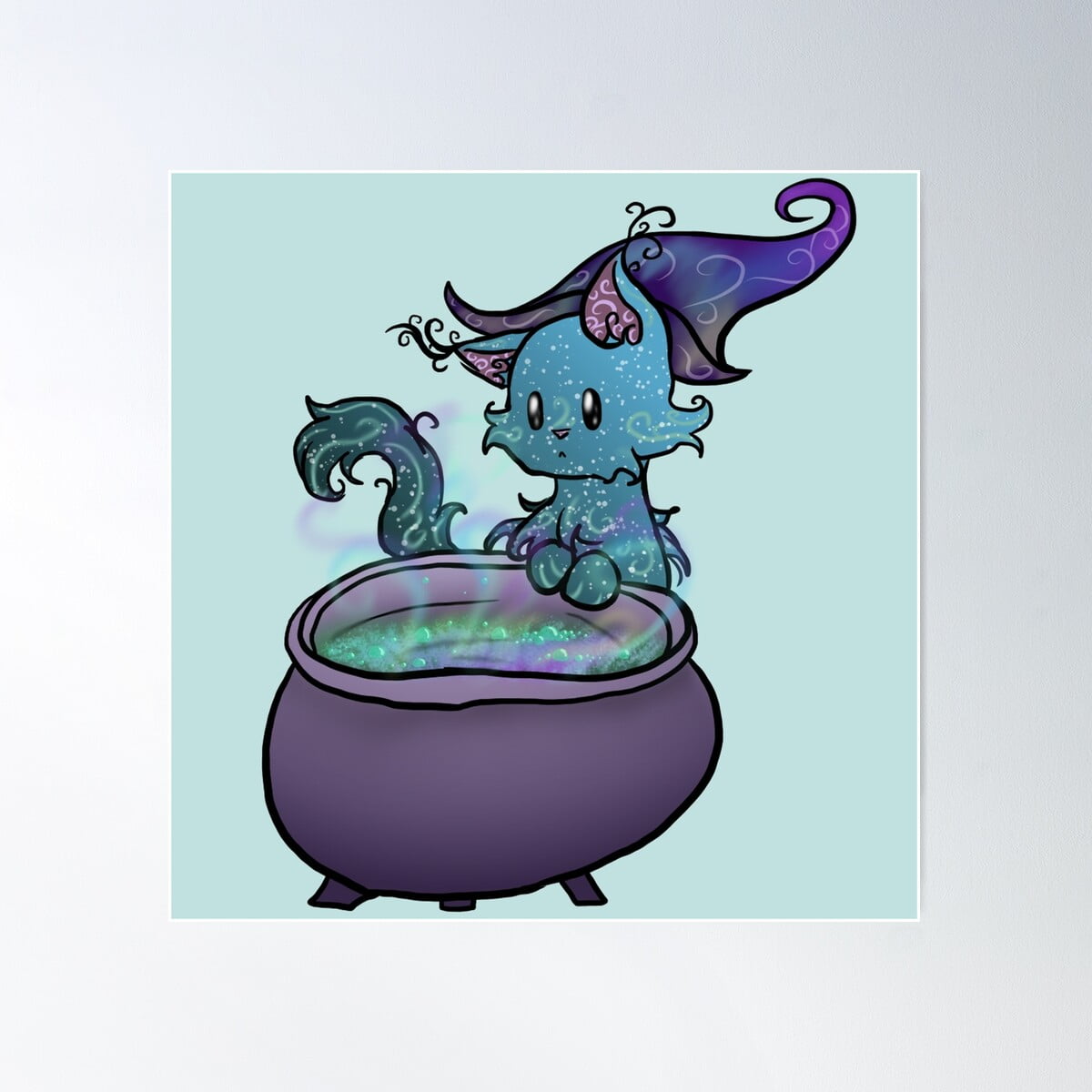 Wizard Cat Brewing A Potion (Light Blue) Poster Wall Art, Modern Wall Decor For Living Room ...