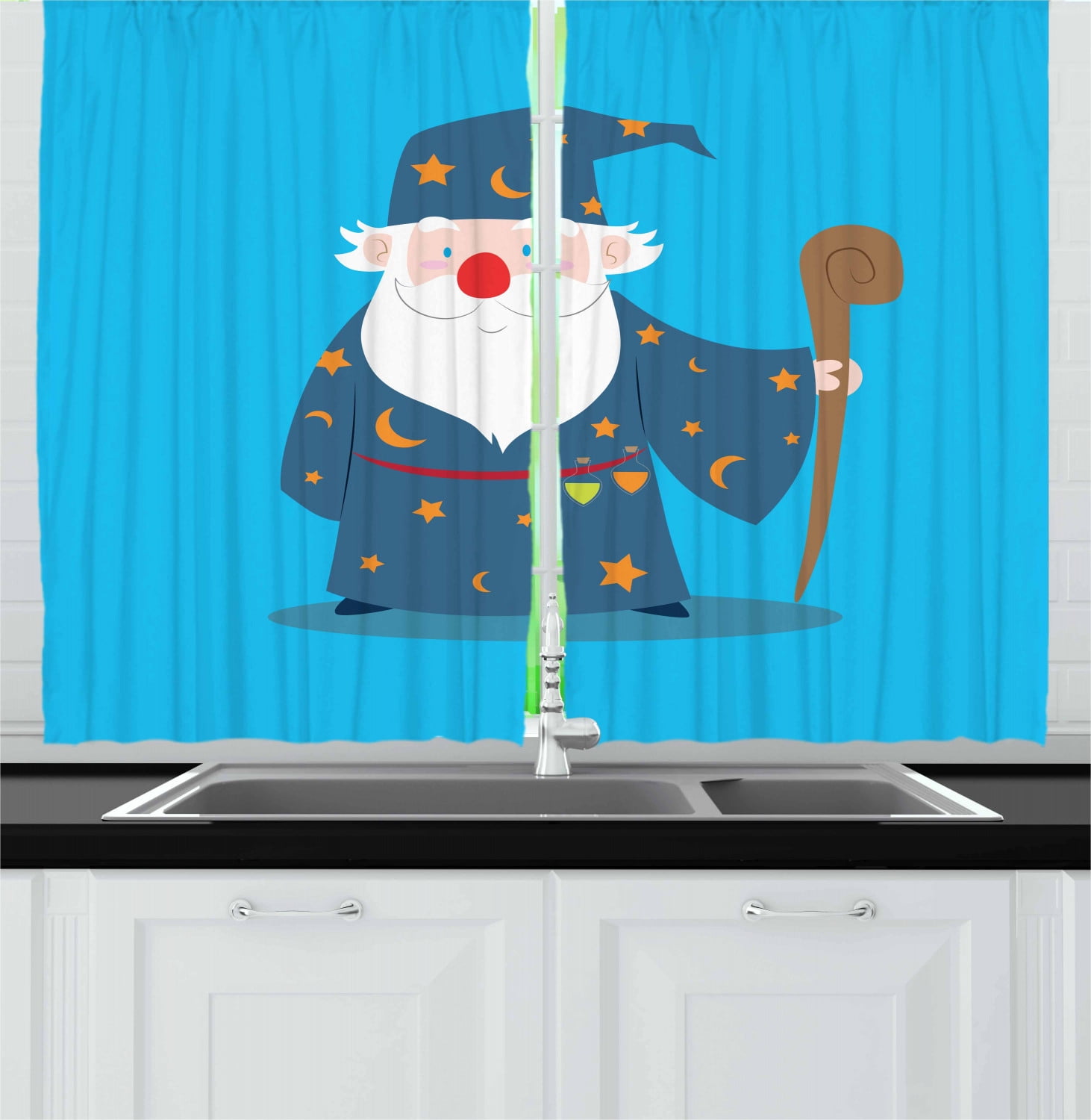 Wizard Curtains 2 Panels Set, Illustration of an Old Wizard Holding Magic Staff and Potions on ...