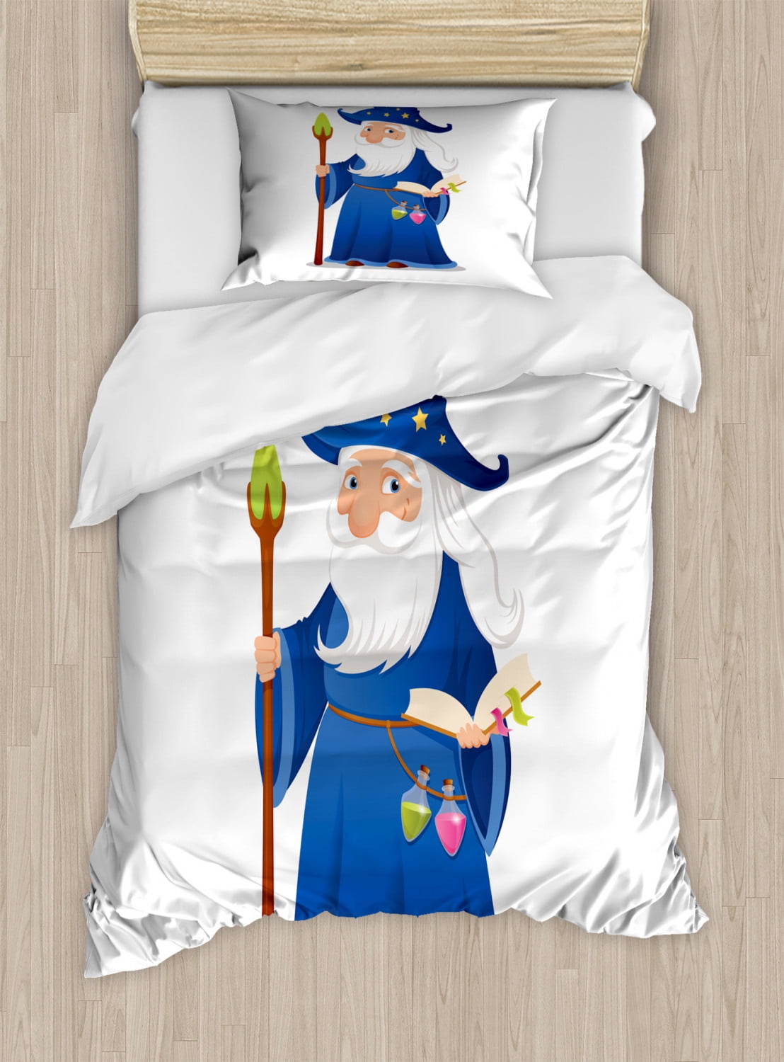 Wizard Duvet Cover Set Twin Size, Sweet Old Cartoon Wizard with Spell ...