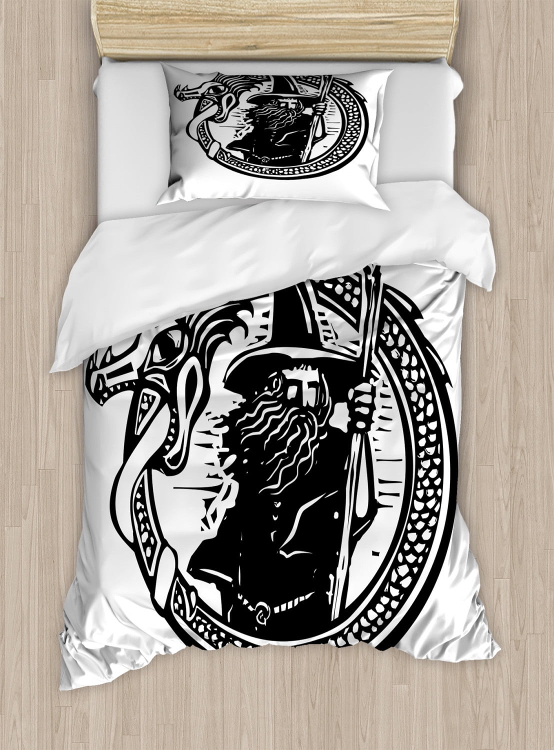 Wizard Duvet Cover Set Twin Size, Woodcut Style Image of a Wizard in an ...