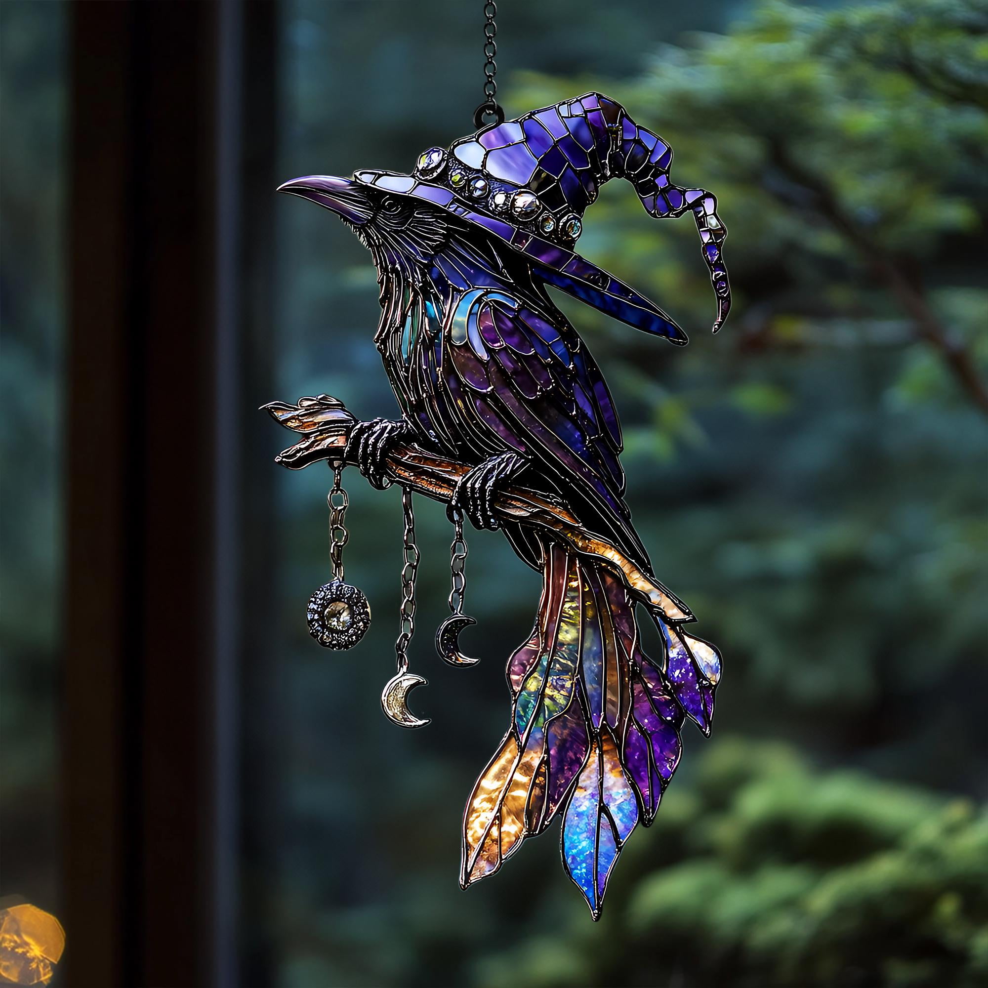Wizard Raven Acrylic Suncatcher, Cosmic Crow Faux Stained Glass Window ...