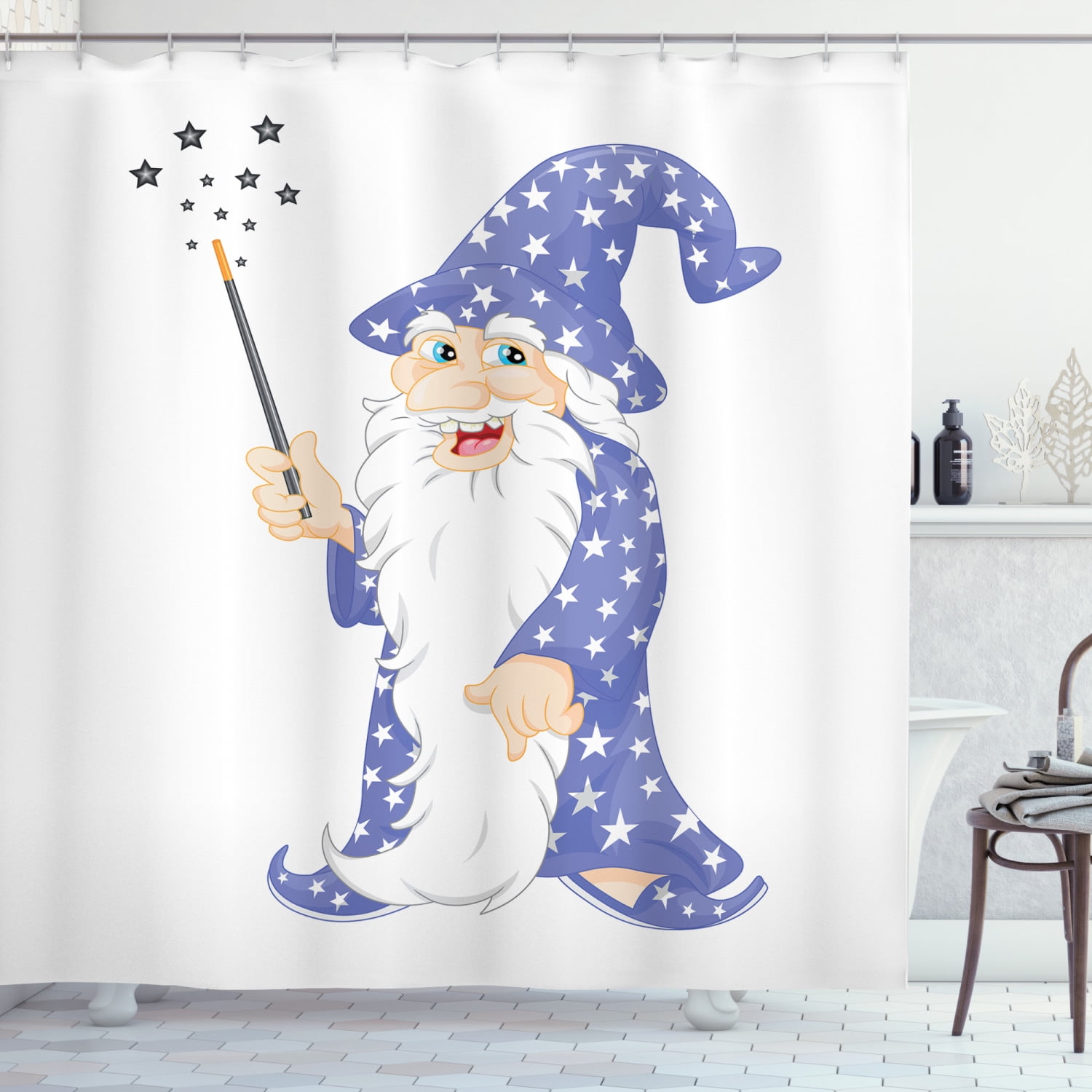 Wizard Shower Curtain, Laughing Old Man with a Magic Wand and Stars ...