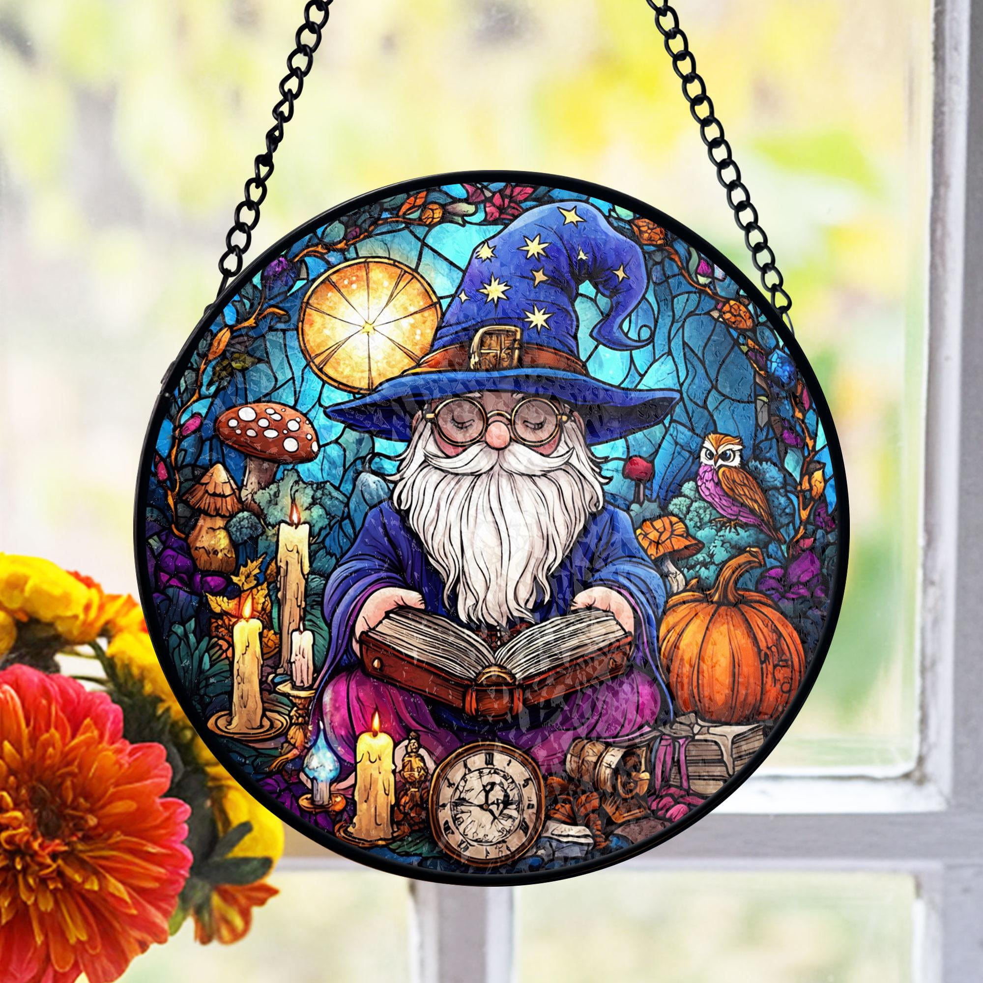 Wizard Stained Glass Suncatcher, Enchanted Book Window Art, Fantasy ...