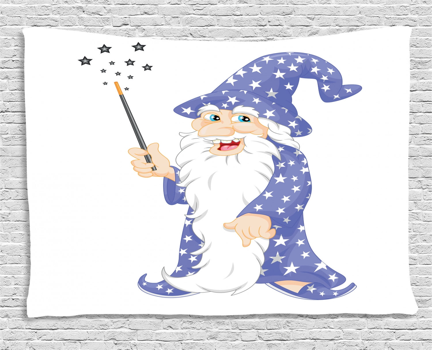 Wizard Tapestry, Laughing Old Man with a Magic Wand and Stars Kids Tale ...