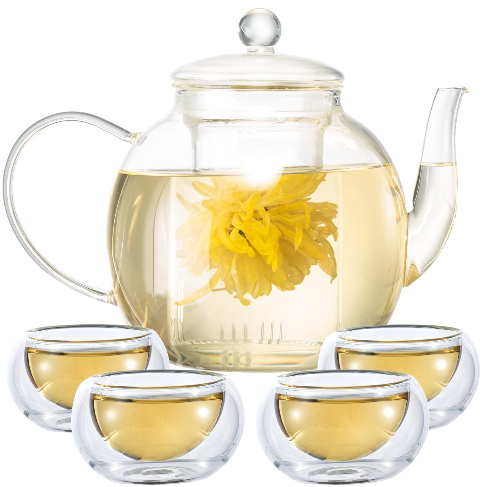 Wlasss Glass Teapot Set with 4 Teacups, 1500 ml/50 oz Tea Pot with ...