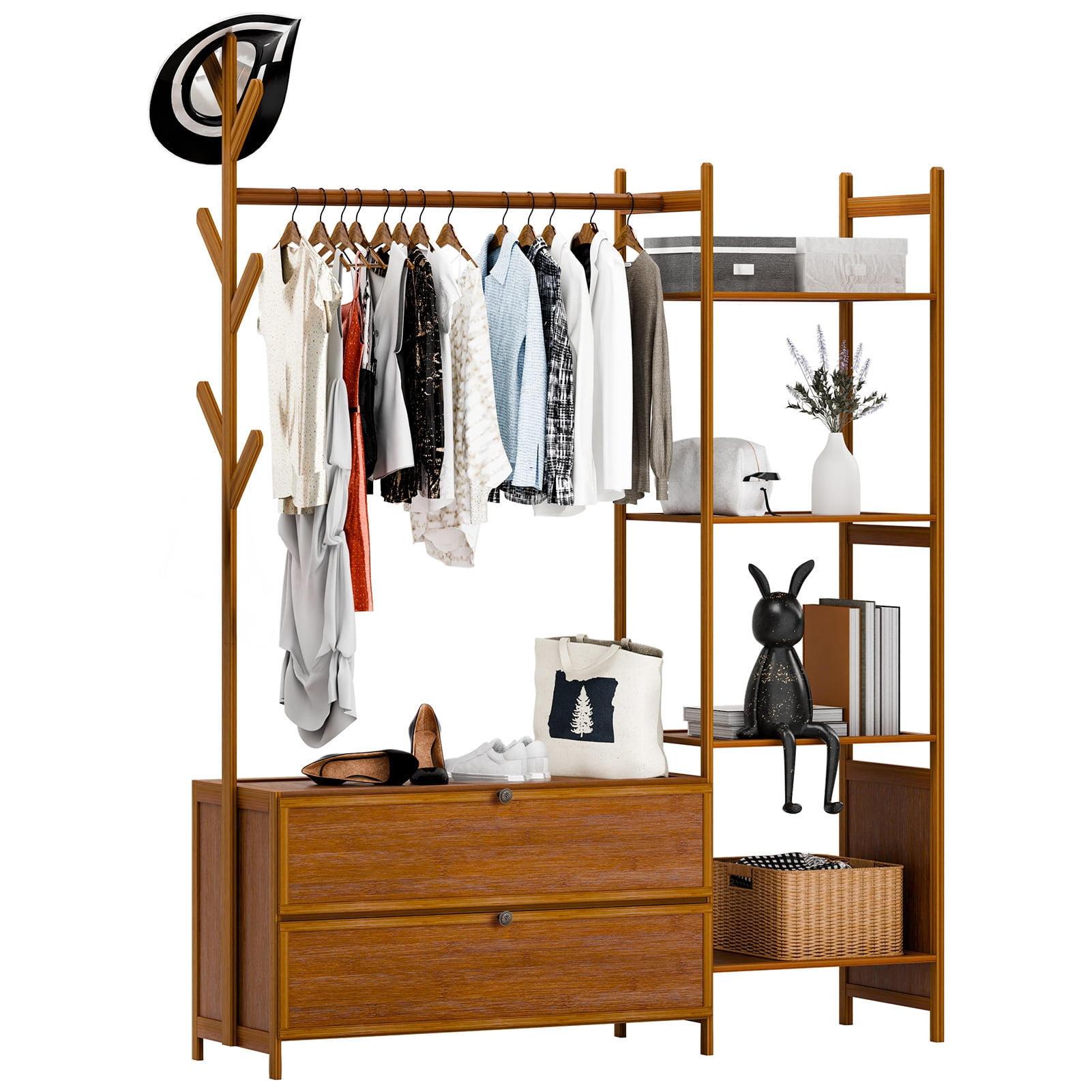 Wliqien Hall Tree Garment Rack, Entryway Coat Rack with 4-Tier Shelves ...