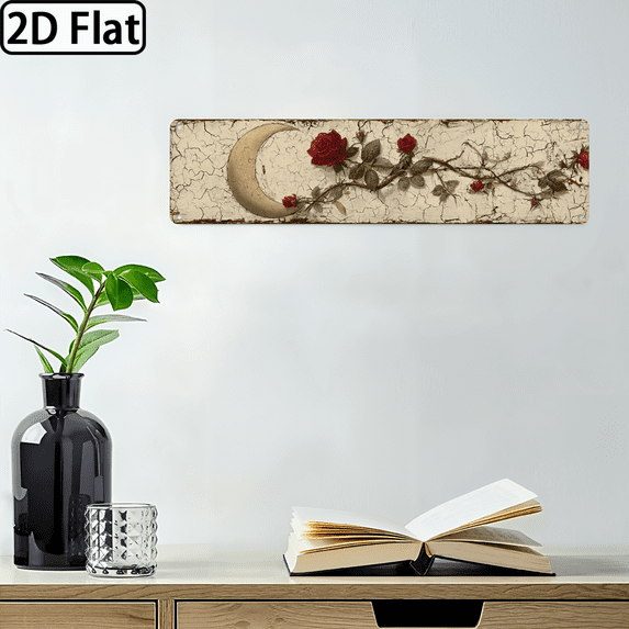 Wllo0ord 2D Flat, 1pc Vintage Moon and Floral Metal Tin Sign - Large ...