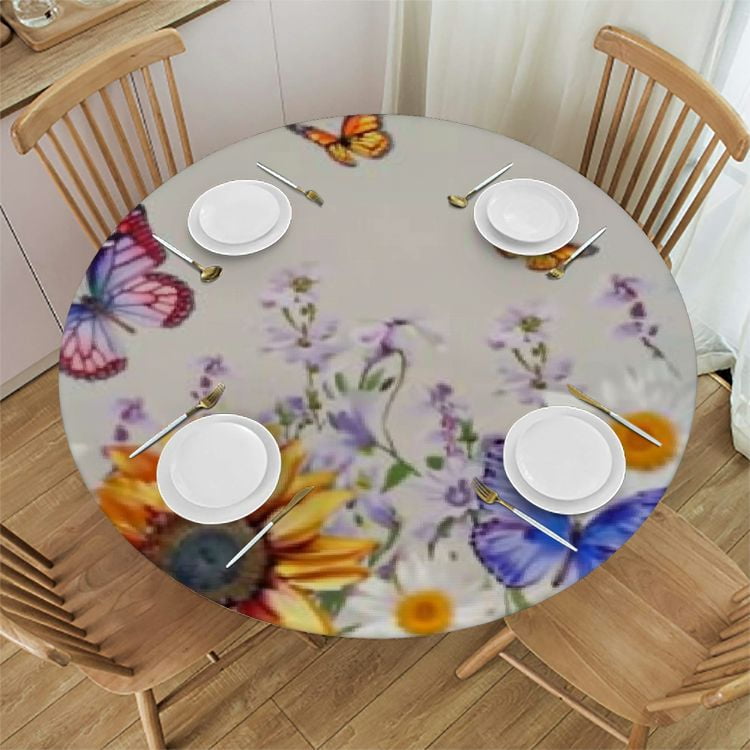 Wllo0ord Spring Elastic Round Tablecloth Summer Plants Vintage Daisy Flower Butterfly Fitted ...