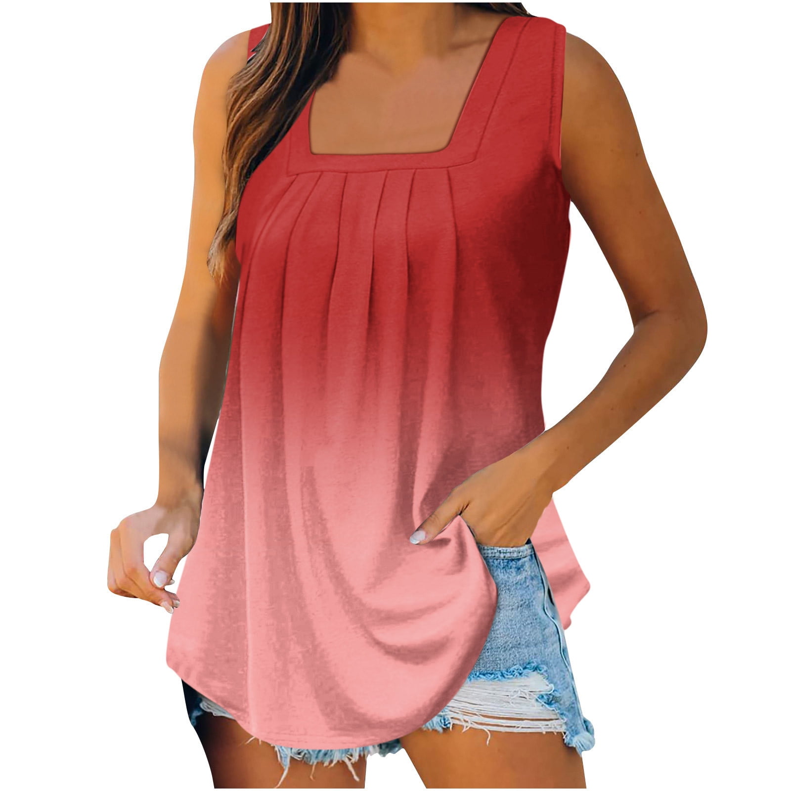 Wlylongift Women Square Neck Summer Sleeveless Gradient Color Tank Tops ...