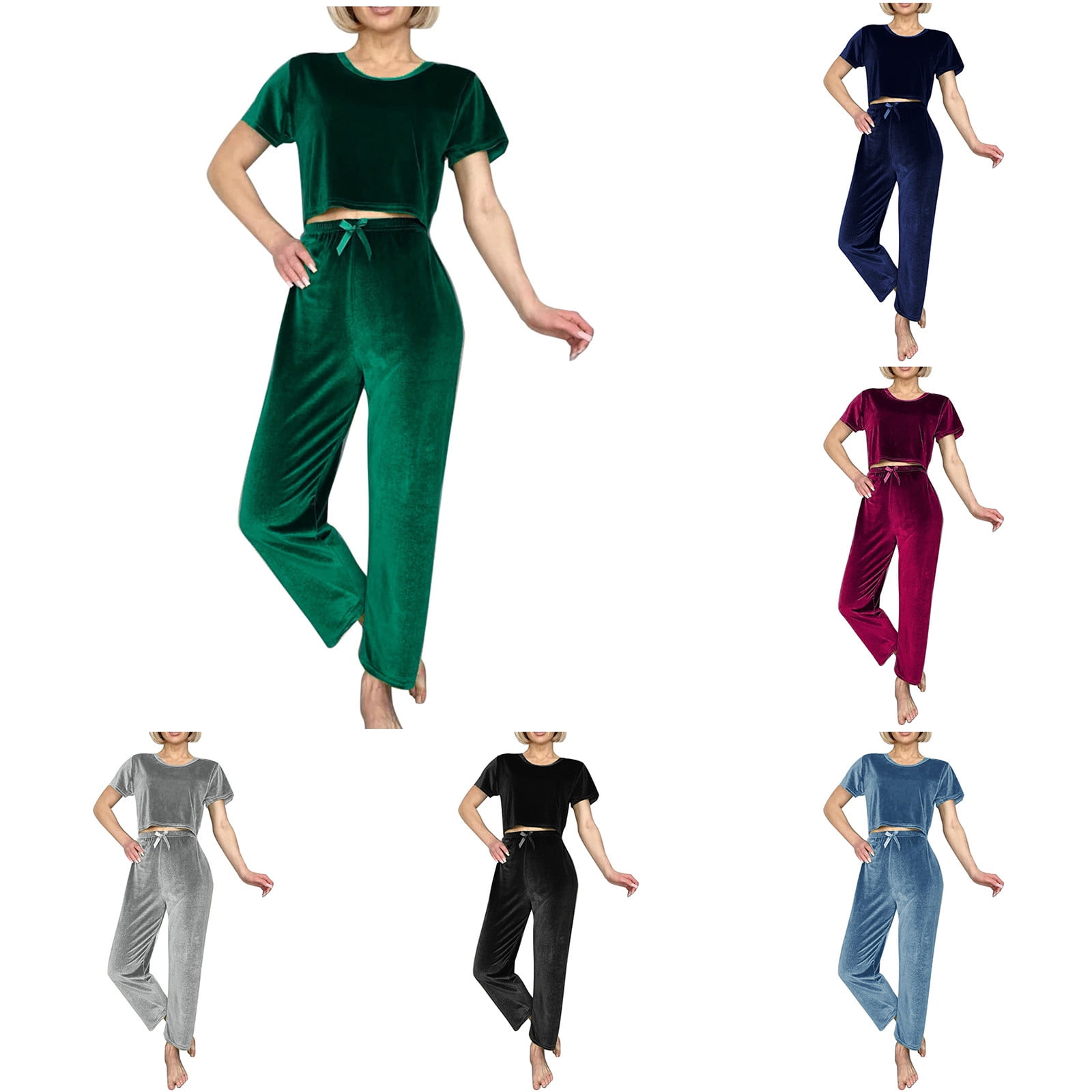 Wlynlyn Womens Velour 2 Piece Sets Short Sleeve Crewneck Crop Top Wide ...