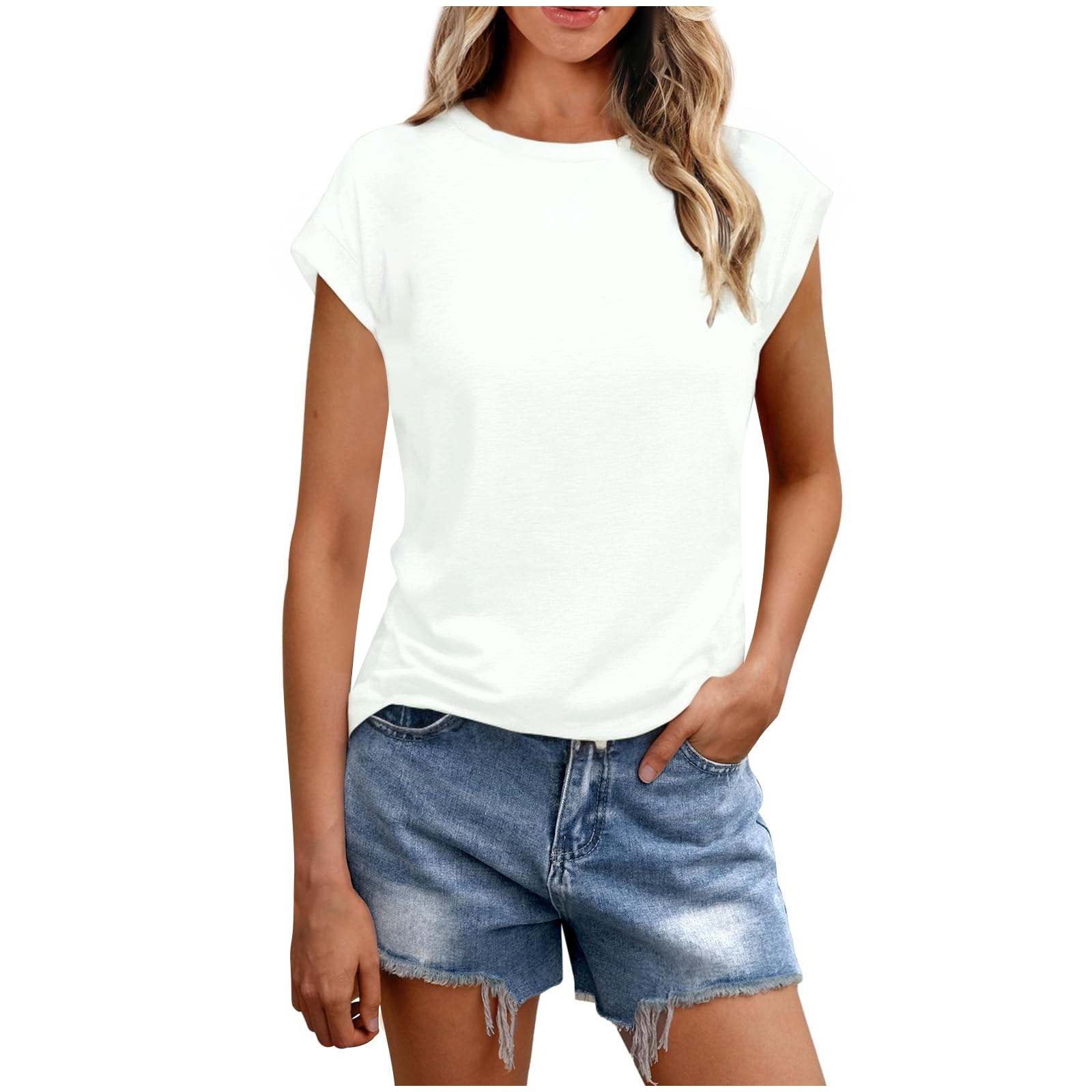 Wlynlyn Womne's Tops Cap Sleeve Shirts Casual Crewneck T Shirts Solid ...
