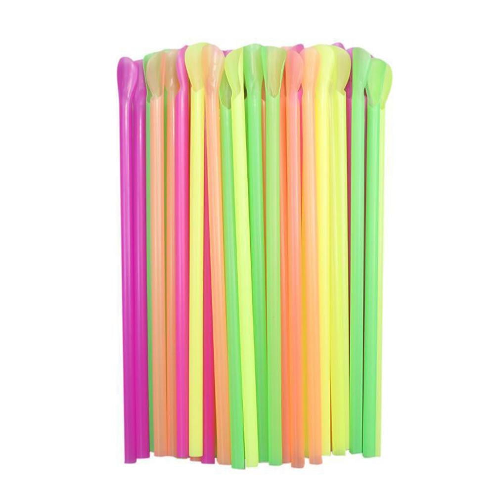 Wmool 100X Plastic Straws Drinking Straw Spoon Bar Pub Slush Straw For ...
