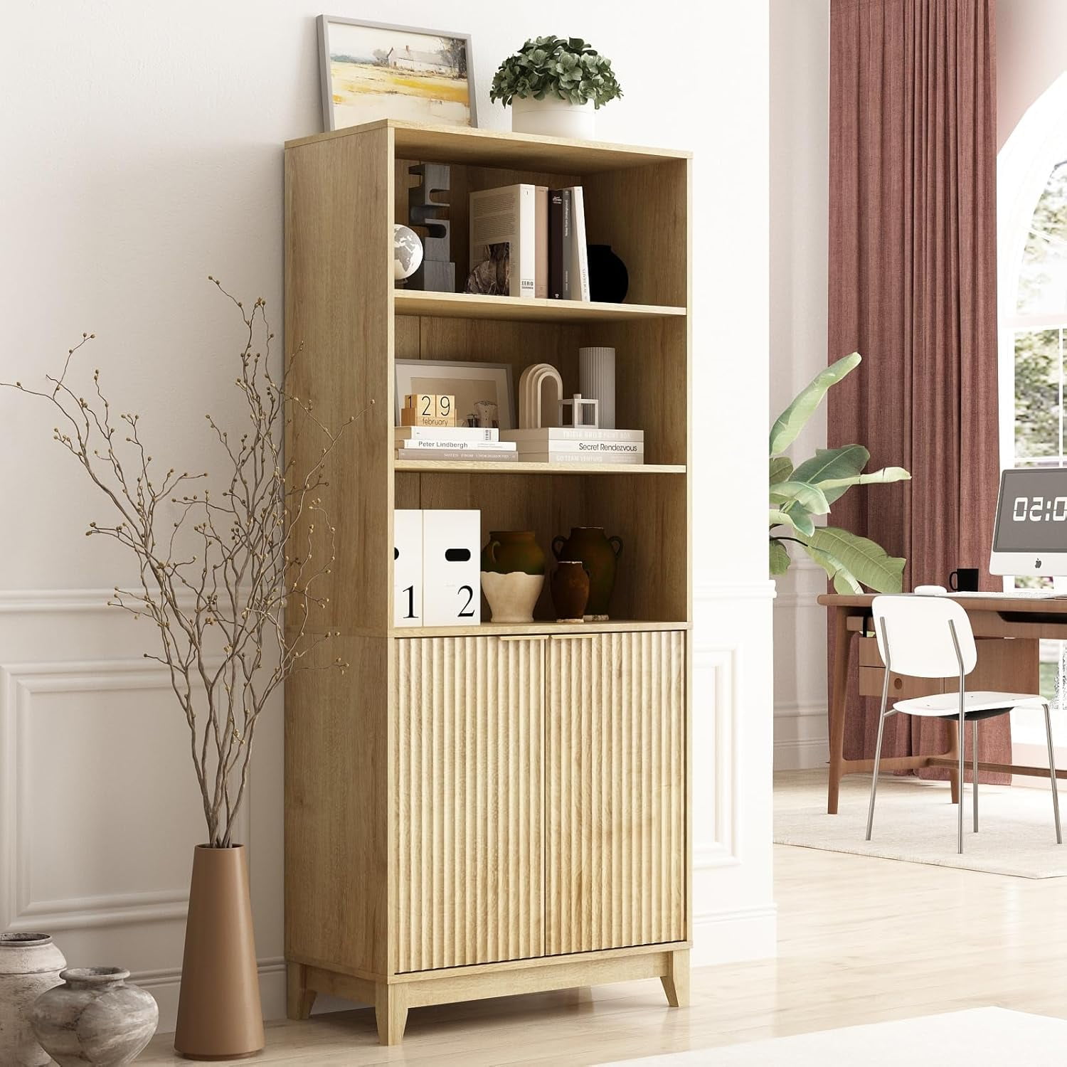 Wnuterss Fluted Bookshelf with Two Doors Cabinet 70" Tall Bohemia ...