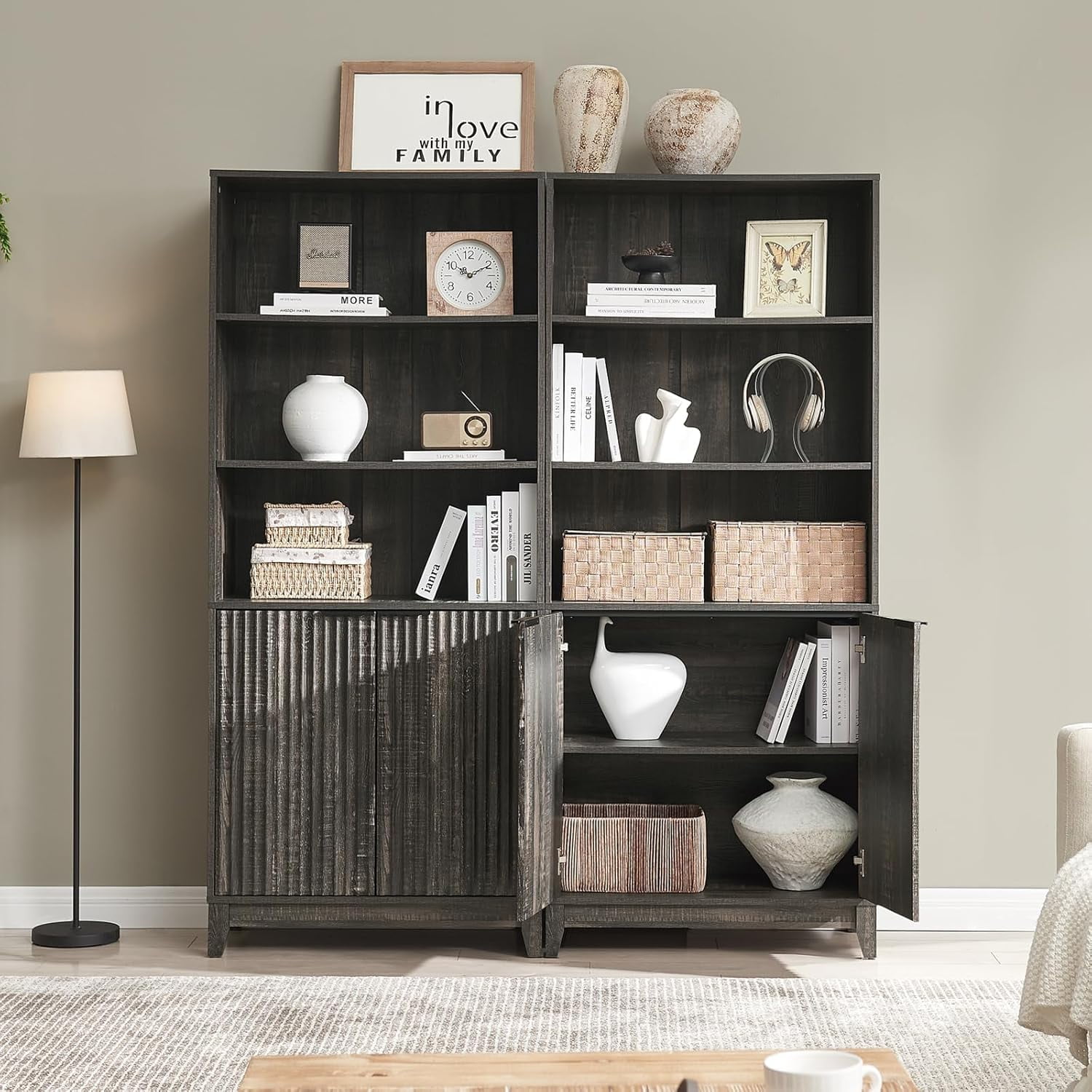 Wnuterss Fluted Bookshelf with Two Doors Cabinet 70" Tall Bohemia ...