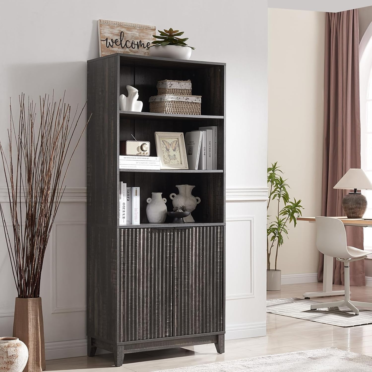 Wnuterss Fluted Bookshelf with Two Doors Cabinet, 70" Tall Bohemia ...