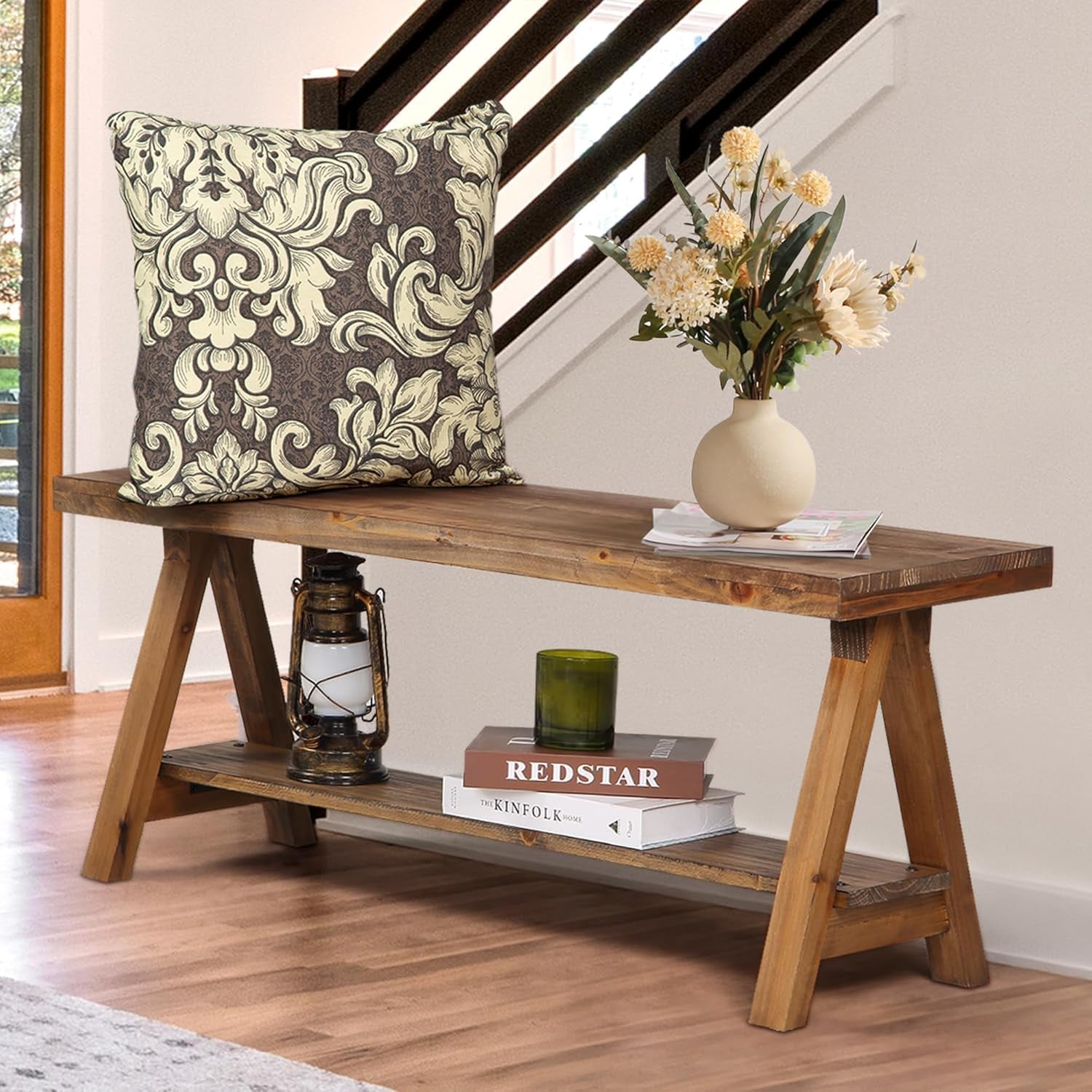 Wnutrees 43" Farmhouse Wood Bench, Long Rustic Indoor Storage Bench for ...